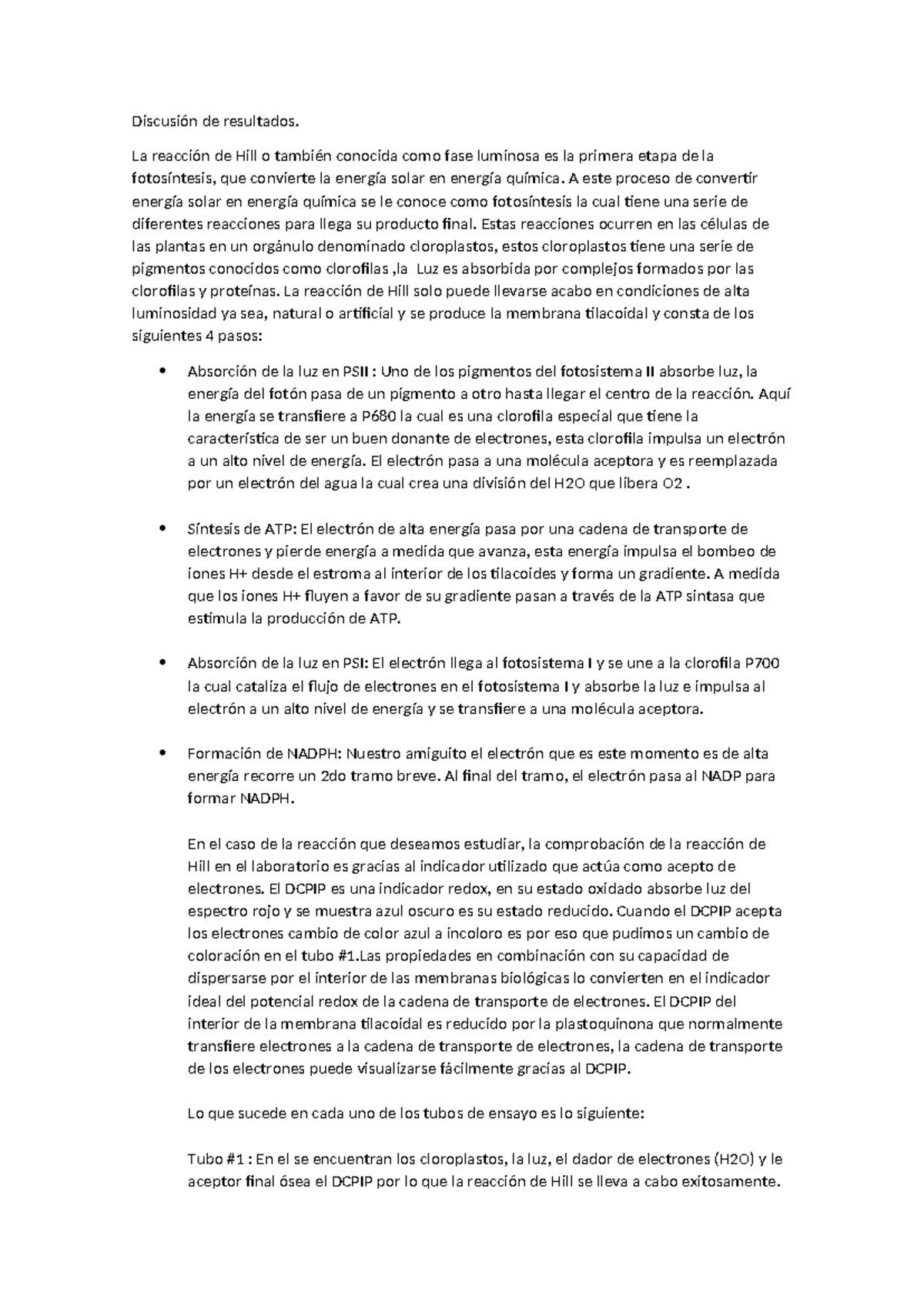 Reacción de Hill: Discusión de Resultados en Fotosíntesis - Studocu