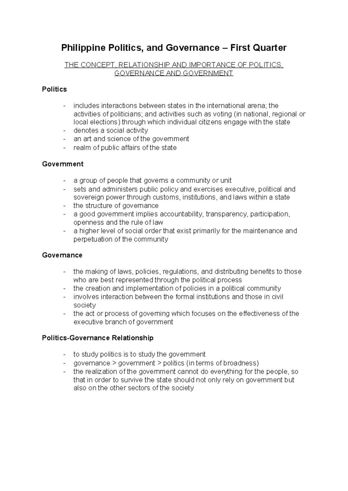 Philippine Politics and Governance: First Quarter Overview (POLGOV101 ...
