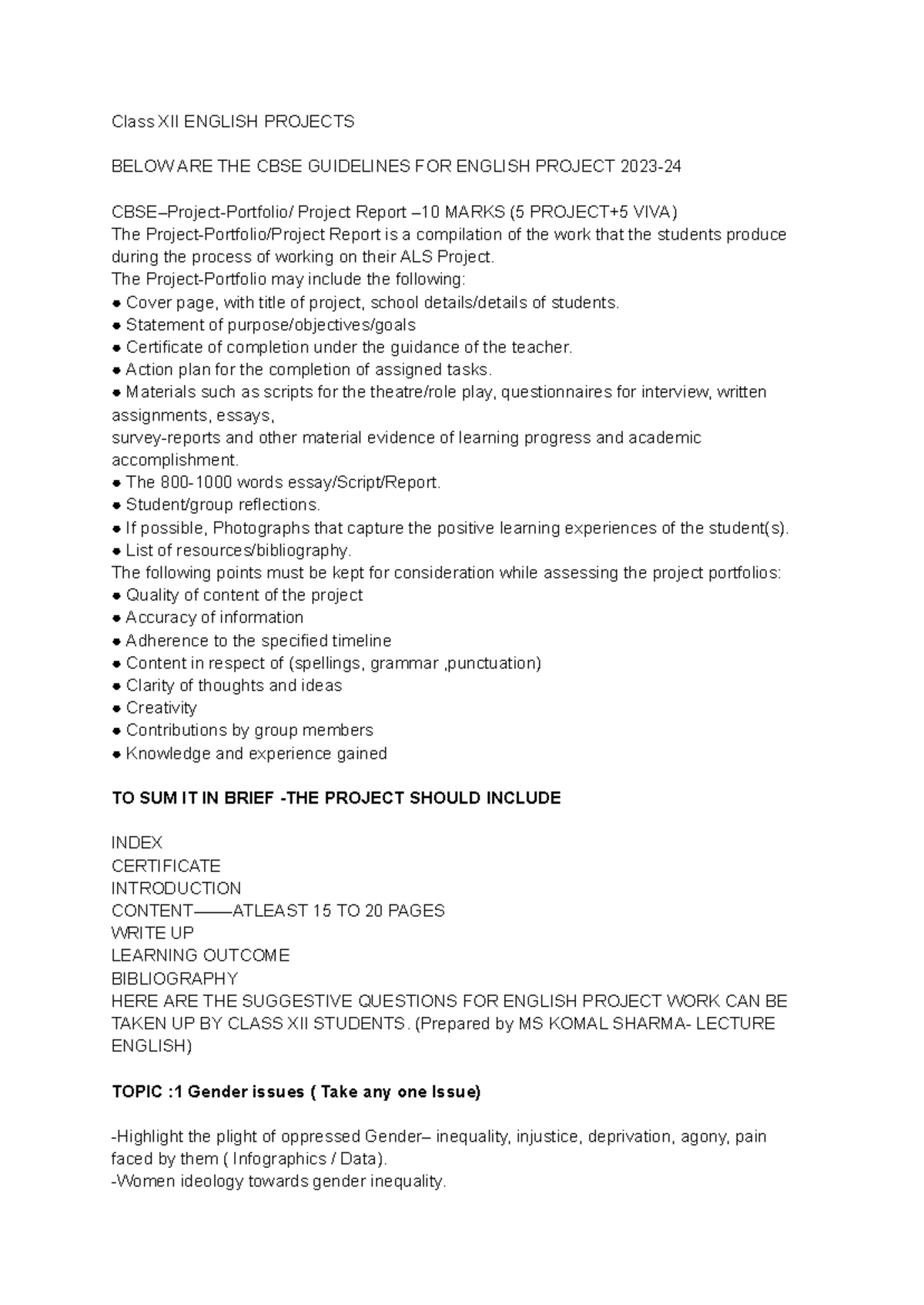 Class XII English Project Portfolio Guidelines & Suggestions - Studocu