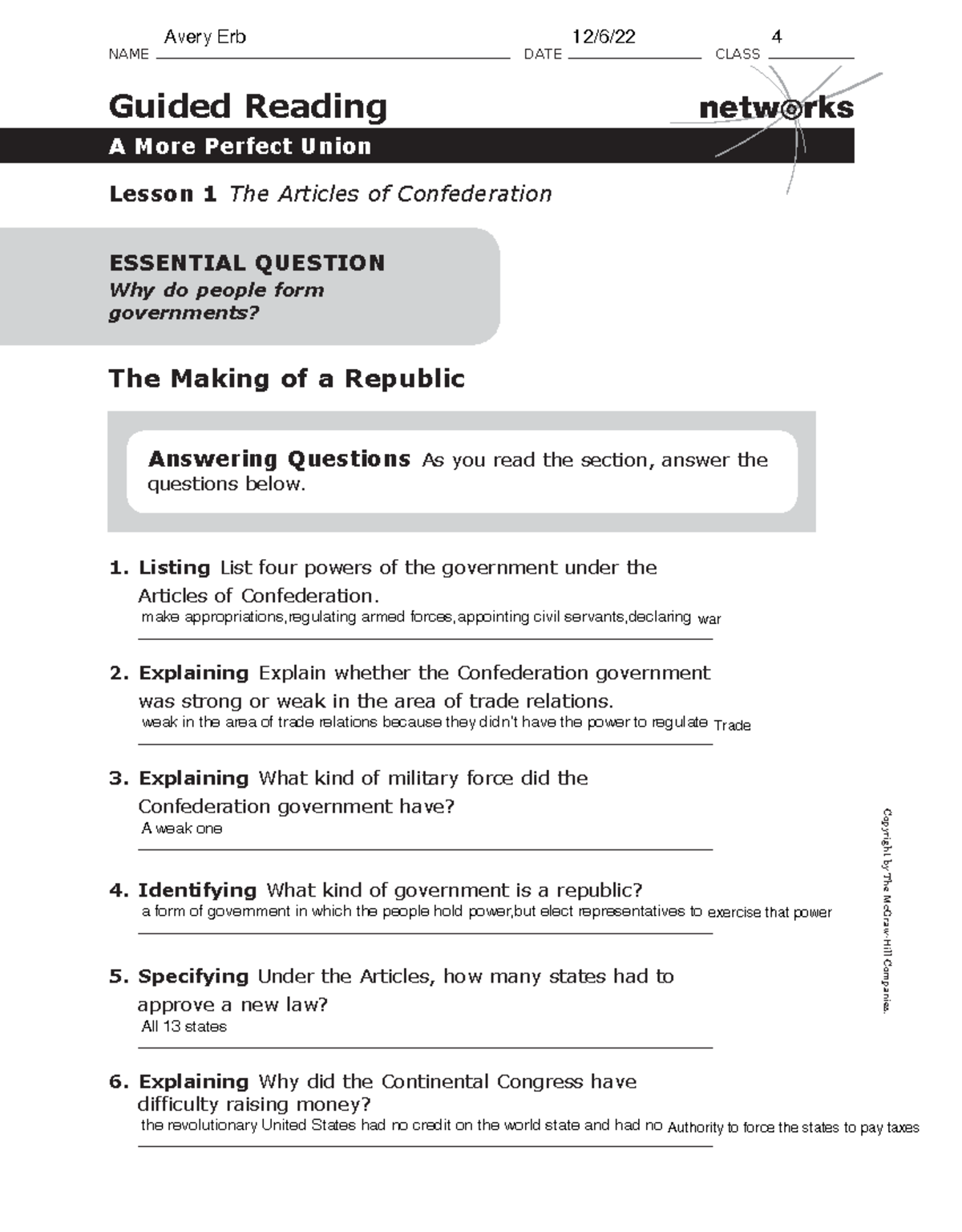 Guided Notes 7.1: Articles of Confederation & New Republic Overview ...