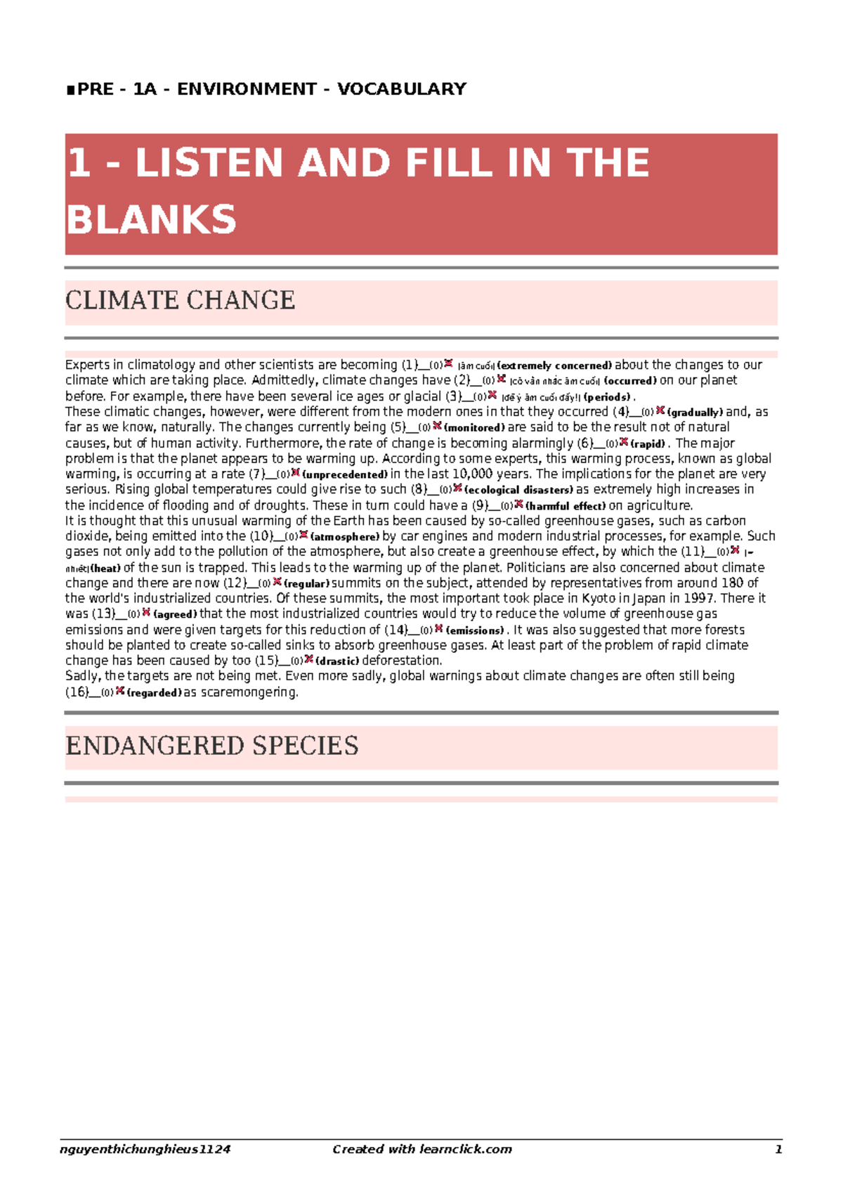 1A ENVIRONMENT VOCABULARY: CLIMATE CHANGE & ENDANGERED SPECIES NOTES ...