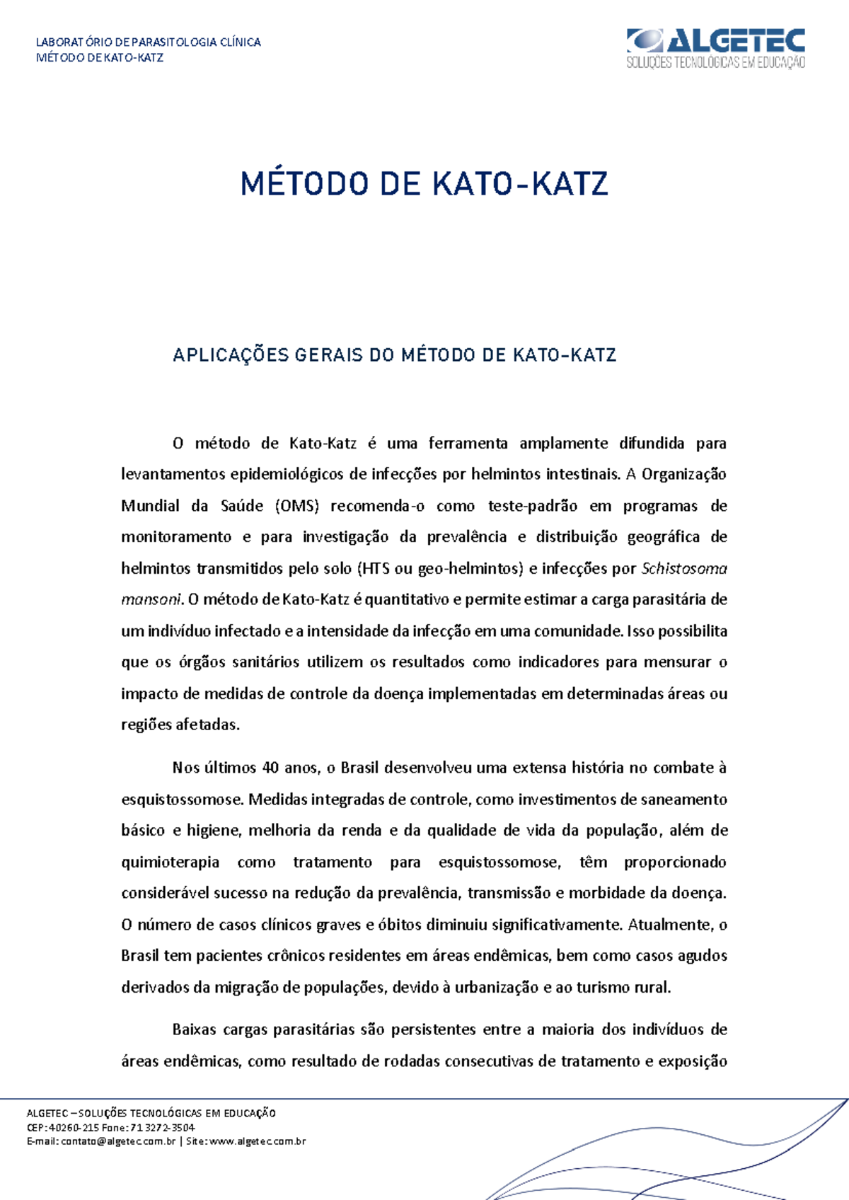 Método de Kato-Katz: Aplicações e Vantagens na Parasitologia - Studocu