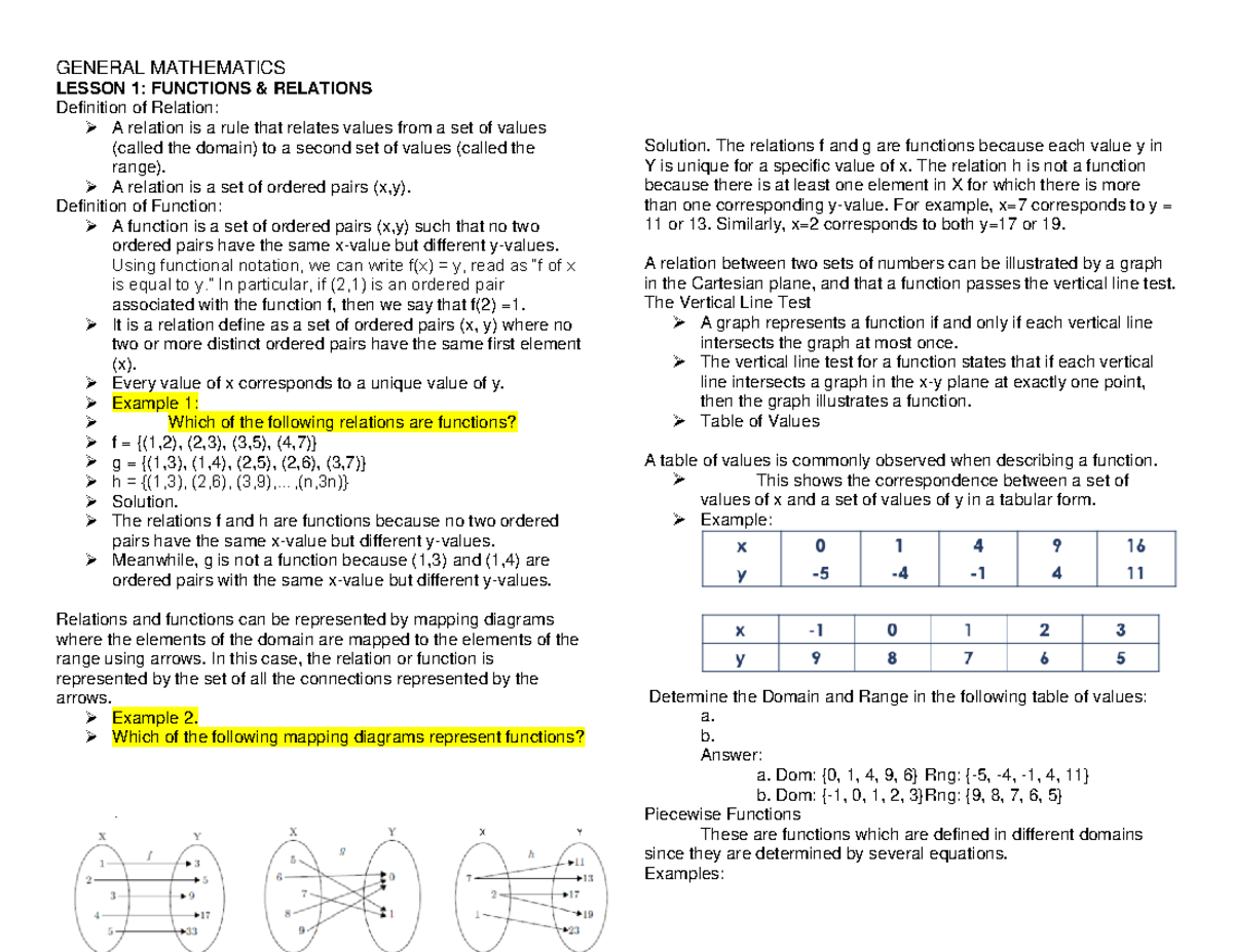 GEN MATH Reviewer - Lecture notes 1-4 - Science, Technology ...