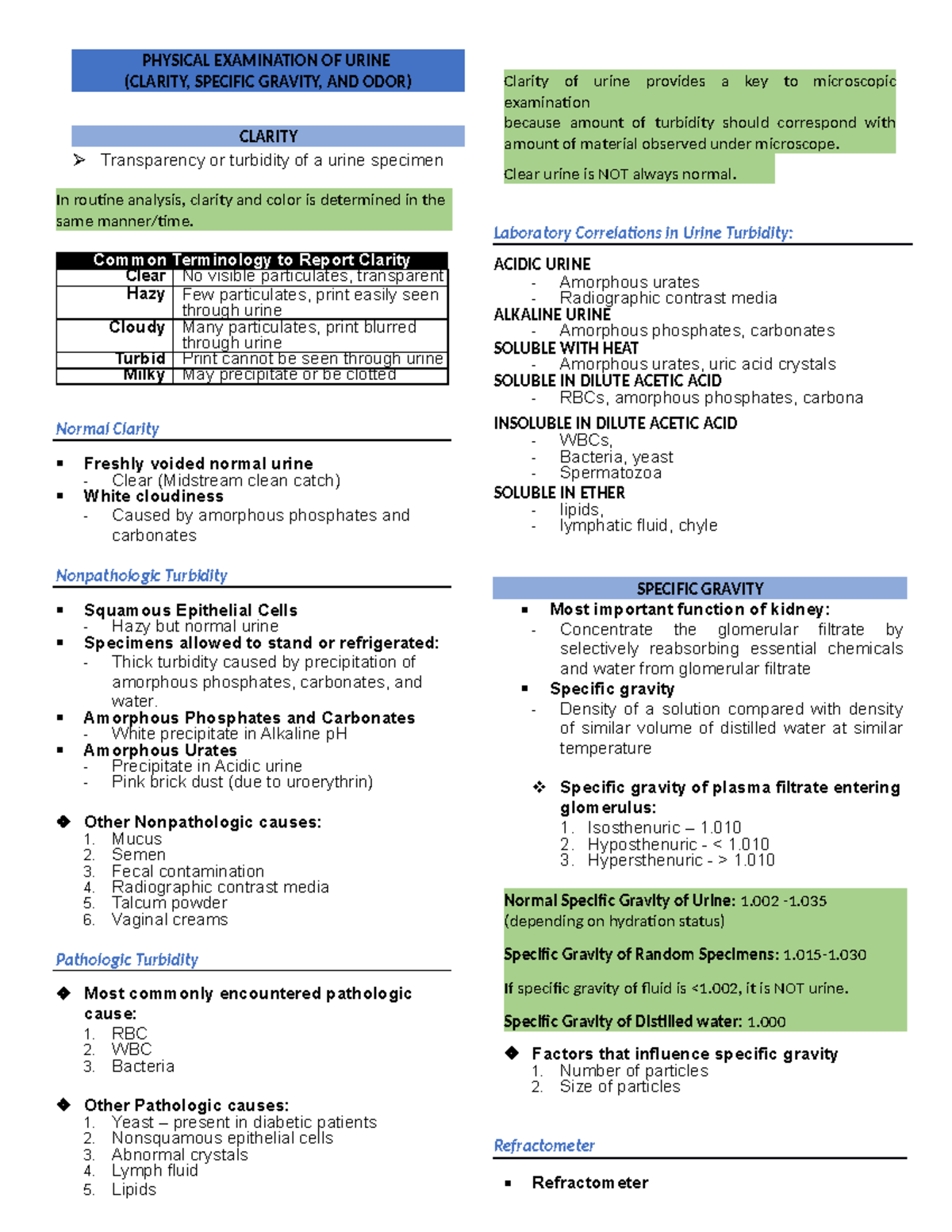 Urinalysis: Clarity, Specific Gravity, and Odor Examination - Studocu