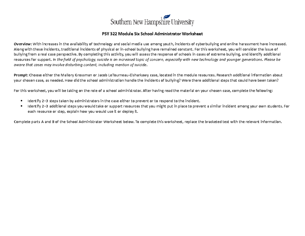 PSY 322 Module 6 School Administrator Bullying Response Worksheet - Studocu