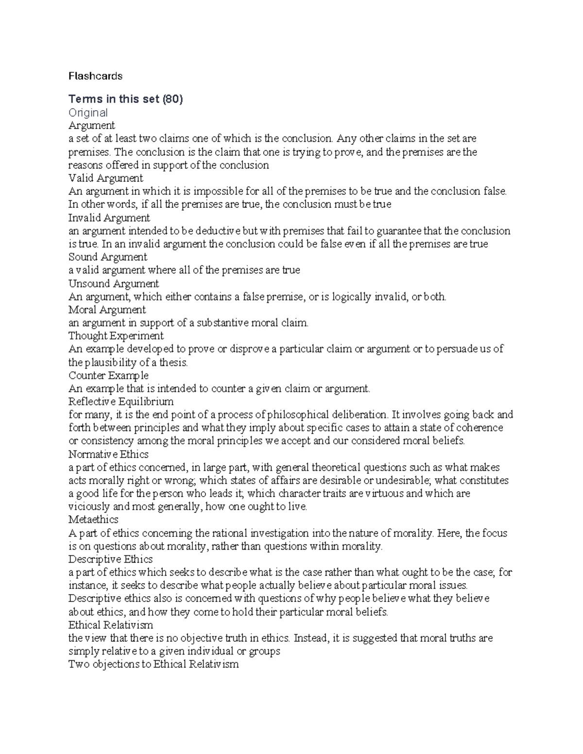 Flashcards on Key Ethical Concepts and Arguments (80 Terms) - Studocu