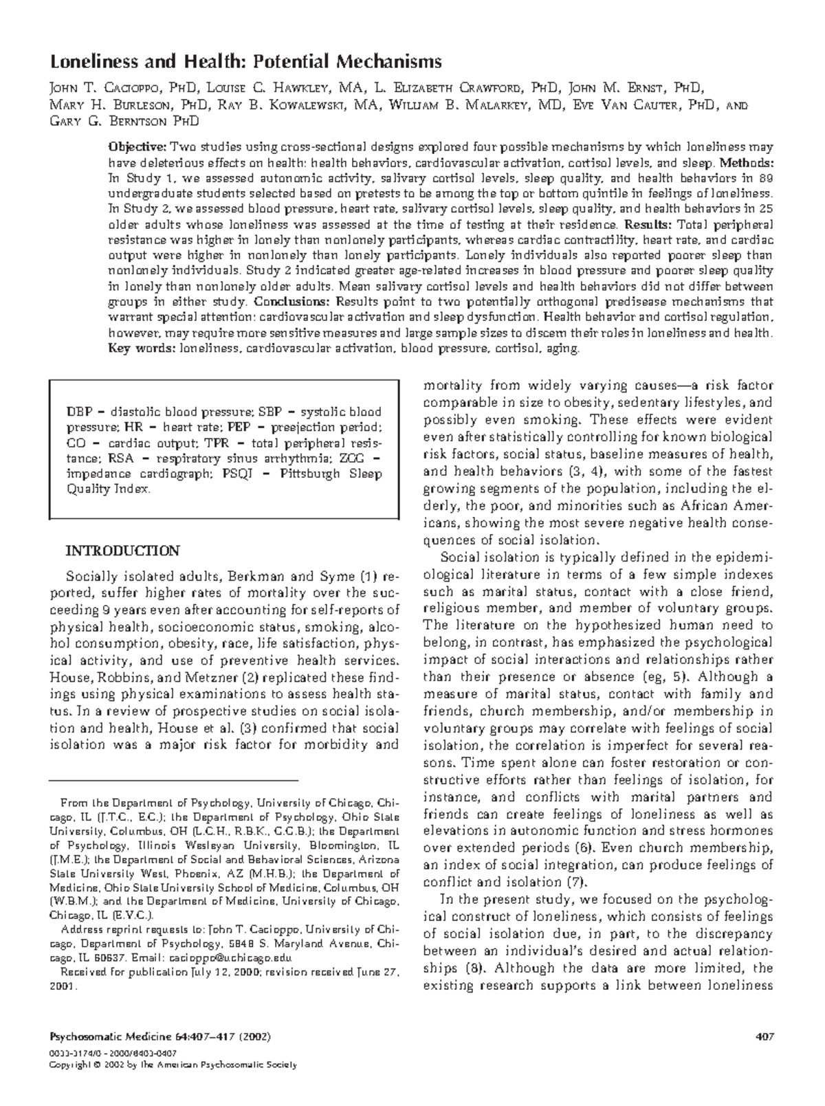 Loneliness and Health: Mechanisms Explored in Studies (PSY 202) - Studocu