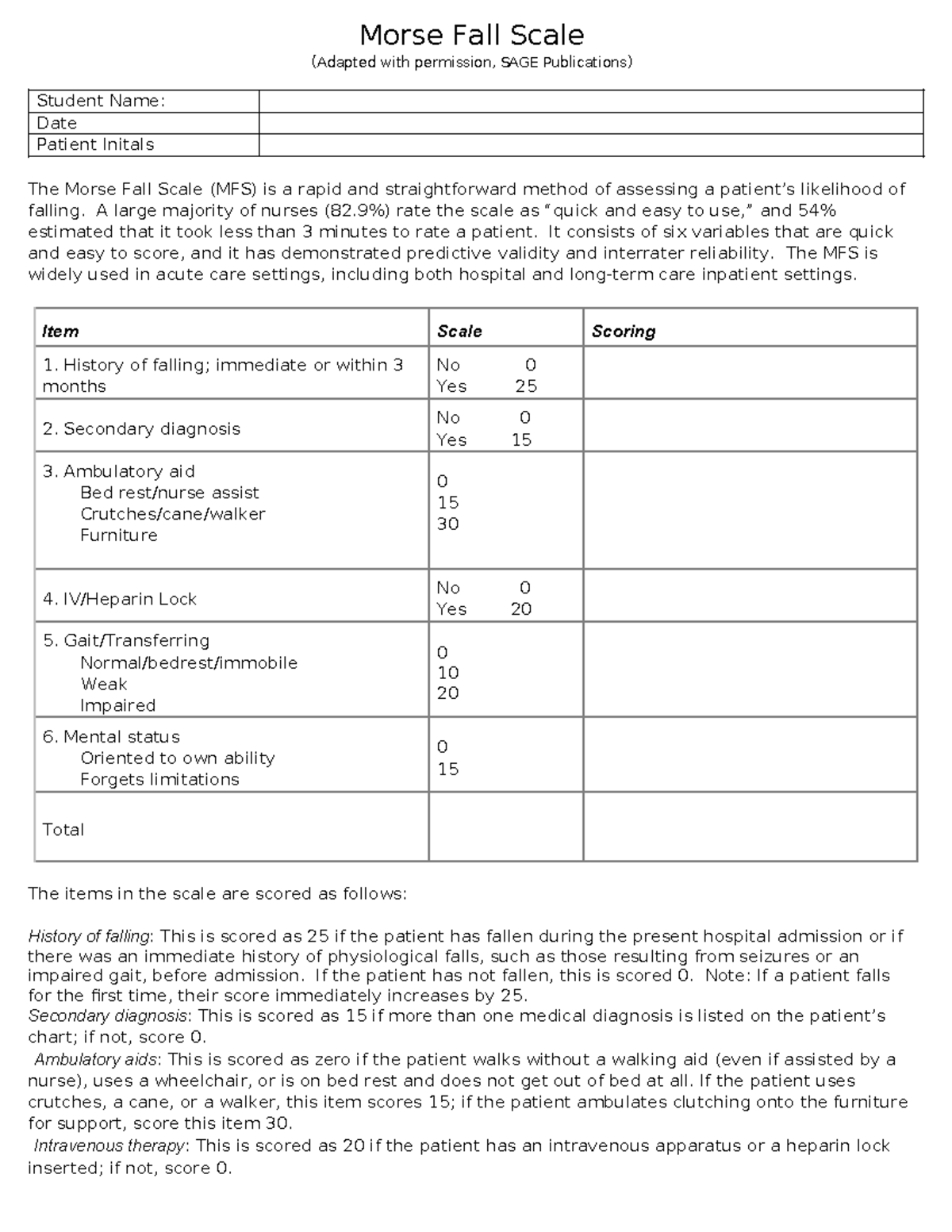 Morse Fall Scale Assessment & Scoring Guide (MFS) - Studocu