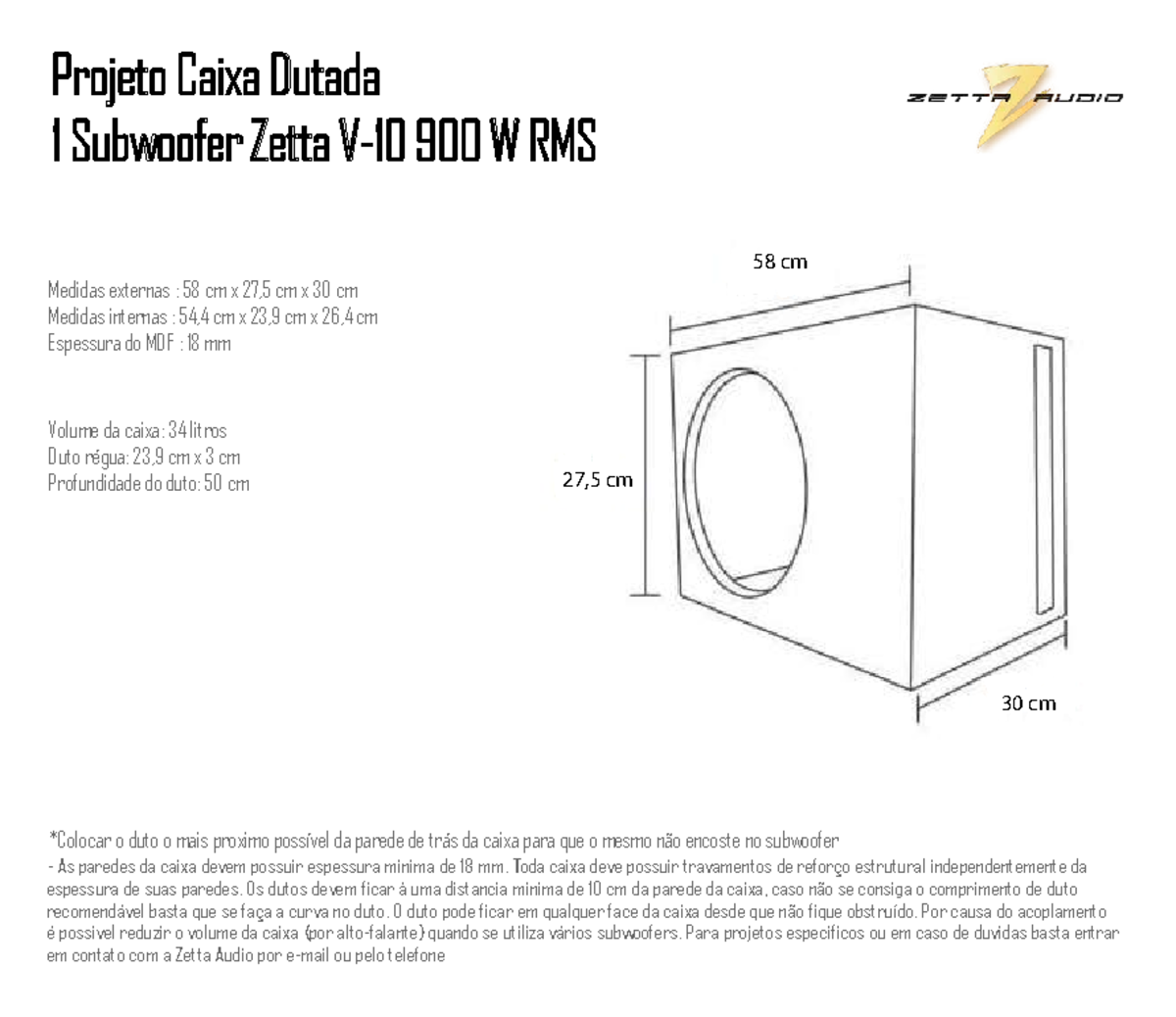 Projeto de Caixa Dutada para Subwoofer Zetta 900W RMS - Dimensões e ...