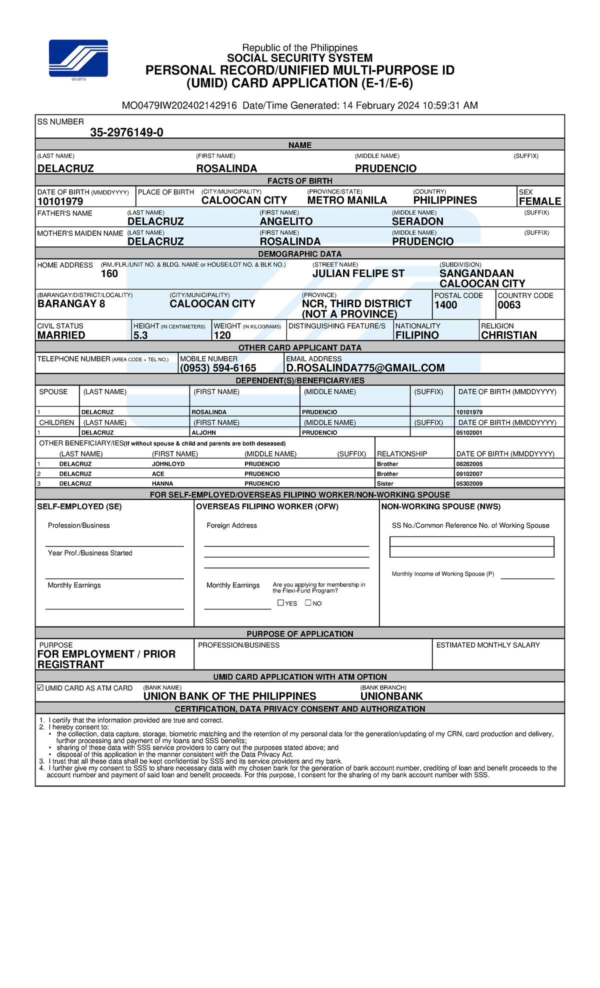 UMID Card Application Form for Delacruz, Rosalinda Prudencio - Studocu