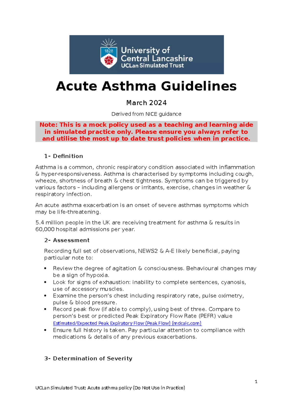 Acute Asthma Management Guidelines (NICE Guidance) - Mock Policy - Studocu