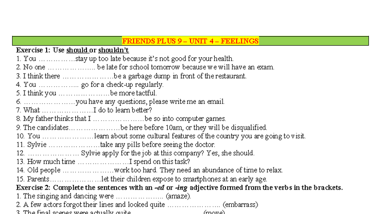 FRIENDS PLUS 9 UNIT 4 FEELINGS Exercises and Answers - Studocu
