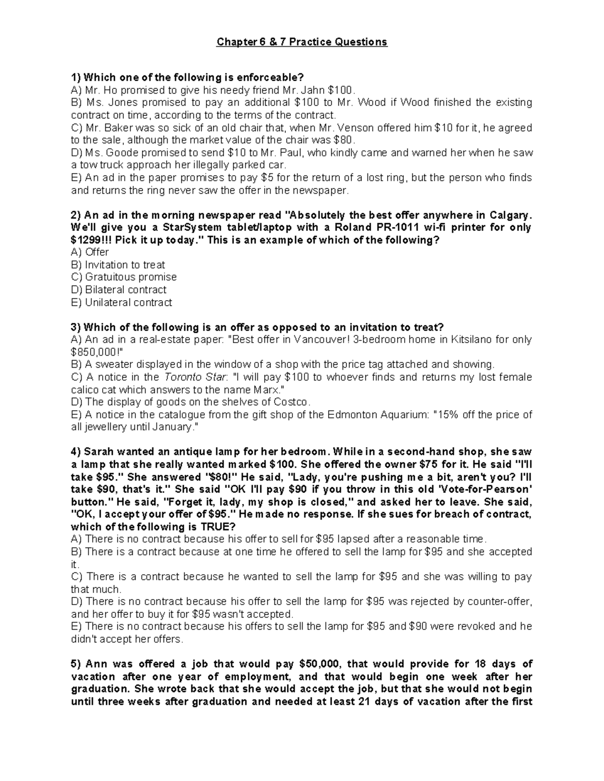 Chapter 6 & 7 Practice Questions: Contract Law Scenarios and Answers ...
