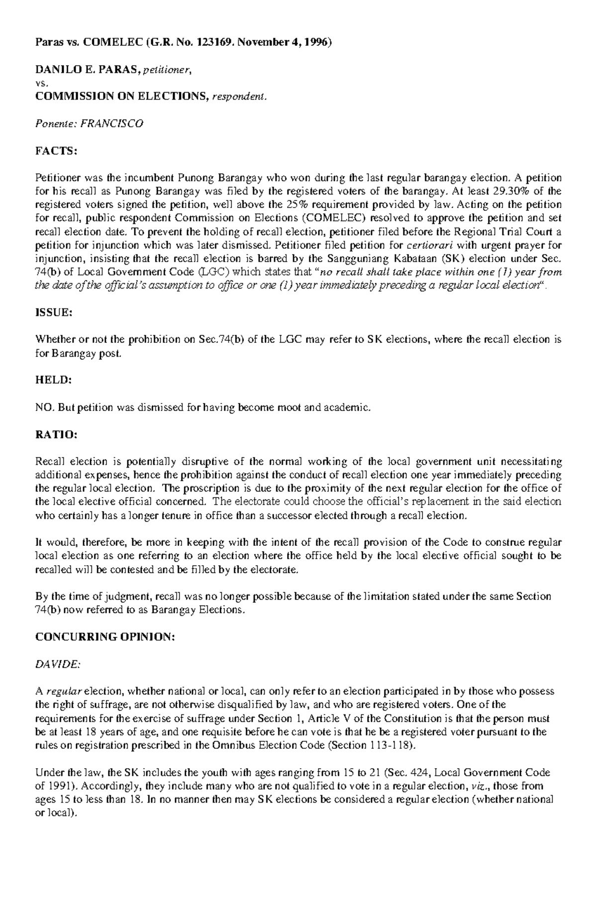 Case Digest: Paras vs. Comelec (G.R. No. 123169, Nov 4, 1996) - Studocu