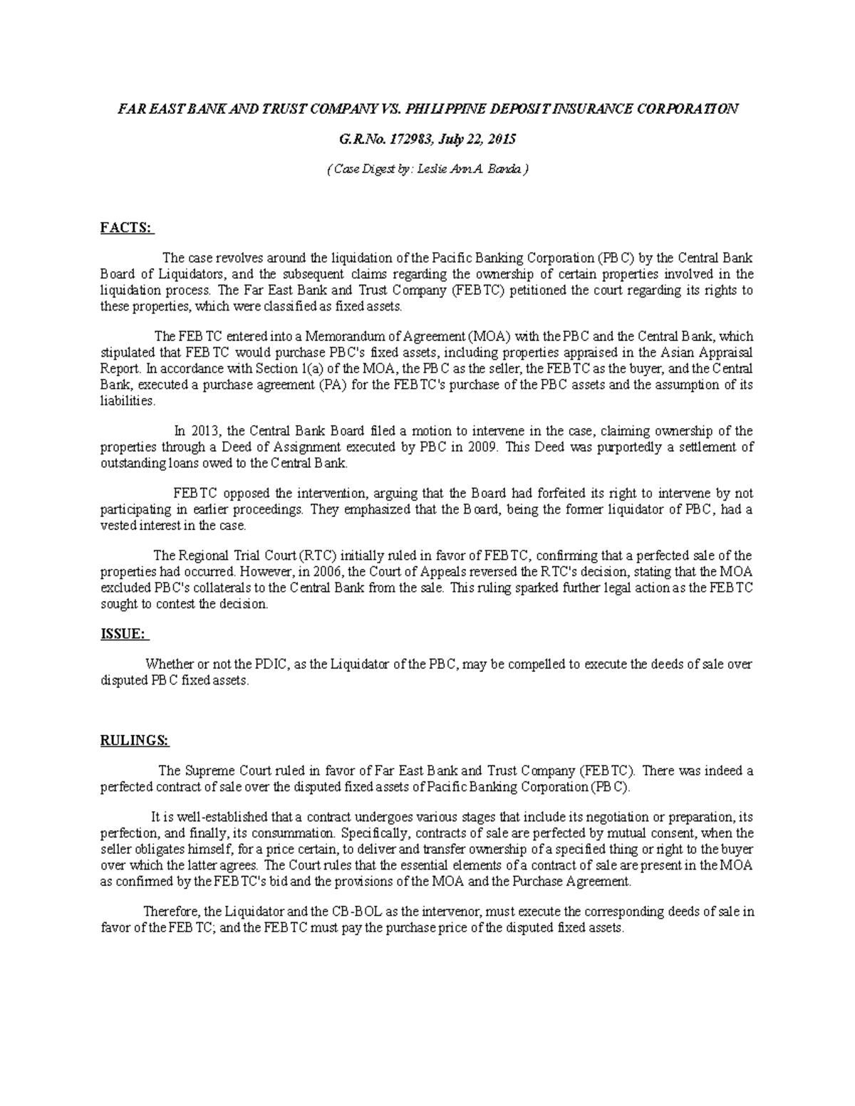 FEBTC vs. PDIC Case Digest: Ownership Claims on Liquidated Assets - Studocu