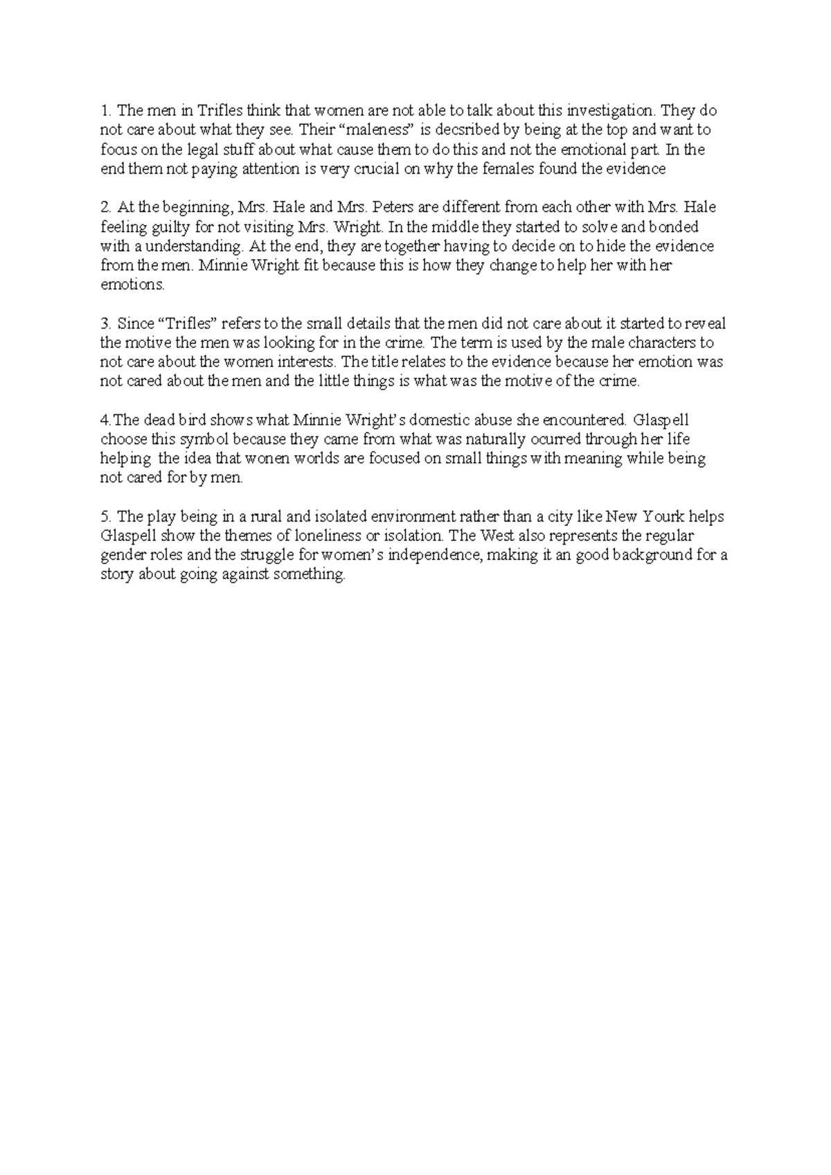 Analysis of Gender and Symbolism in "Trifles" - Literature Essay - Studocu