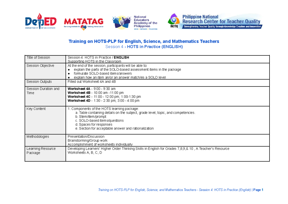 S4 Training for English Teachers: HOTS in Practice Session 4 - Studocu