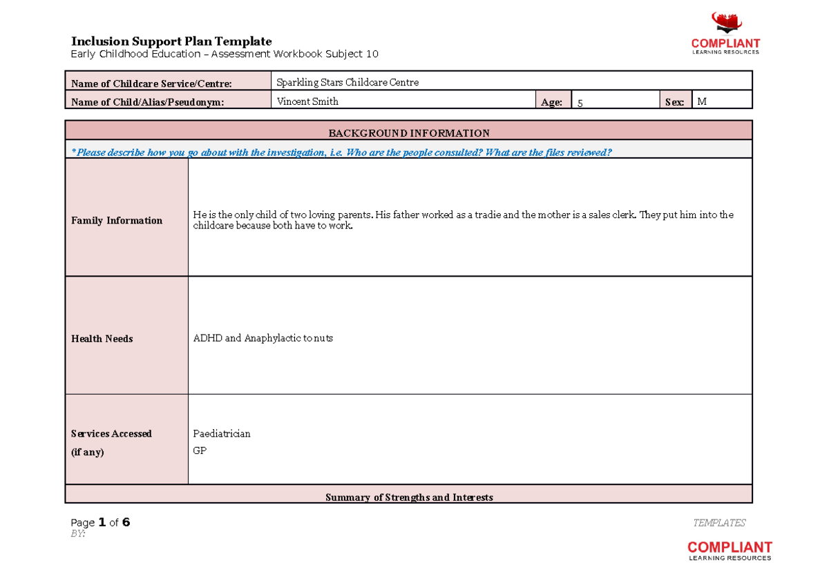 S10 Inclusion Support Plan for Vincent at Sparkling Stars Childcare ...