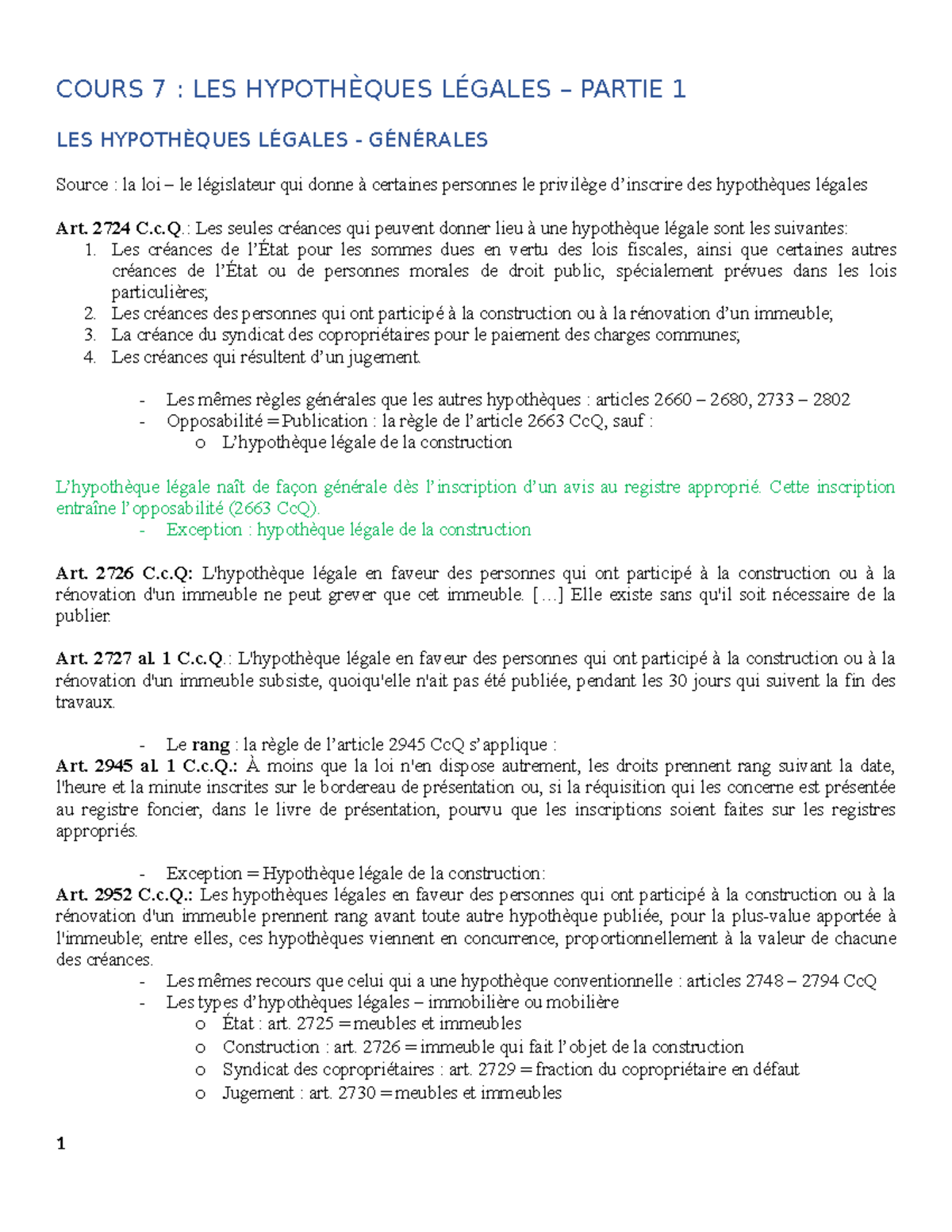 Cours 7 : Les hypothèques légales - Partie 1 et 2 des créances et ...