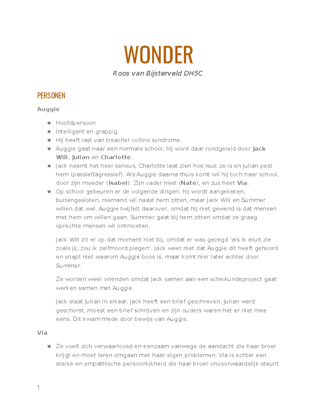 Verslag over het boek 'Wonder' (DH5C) - Thema's en Personages - Studeersnel