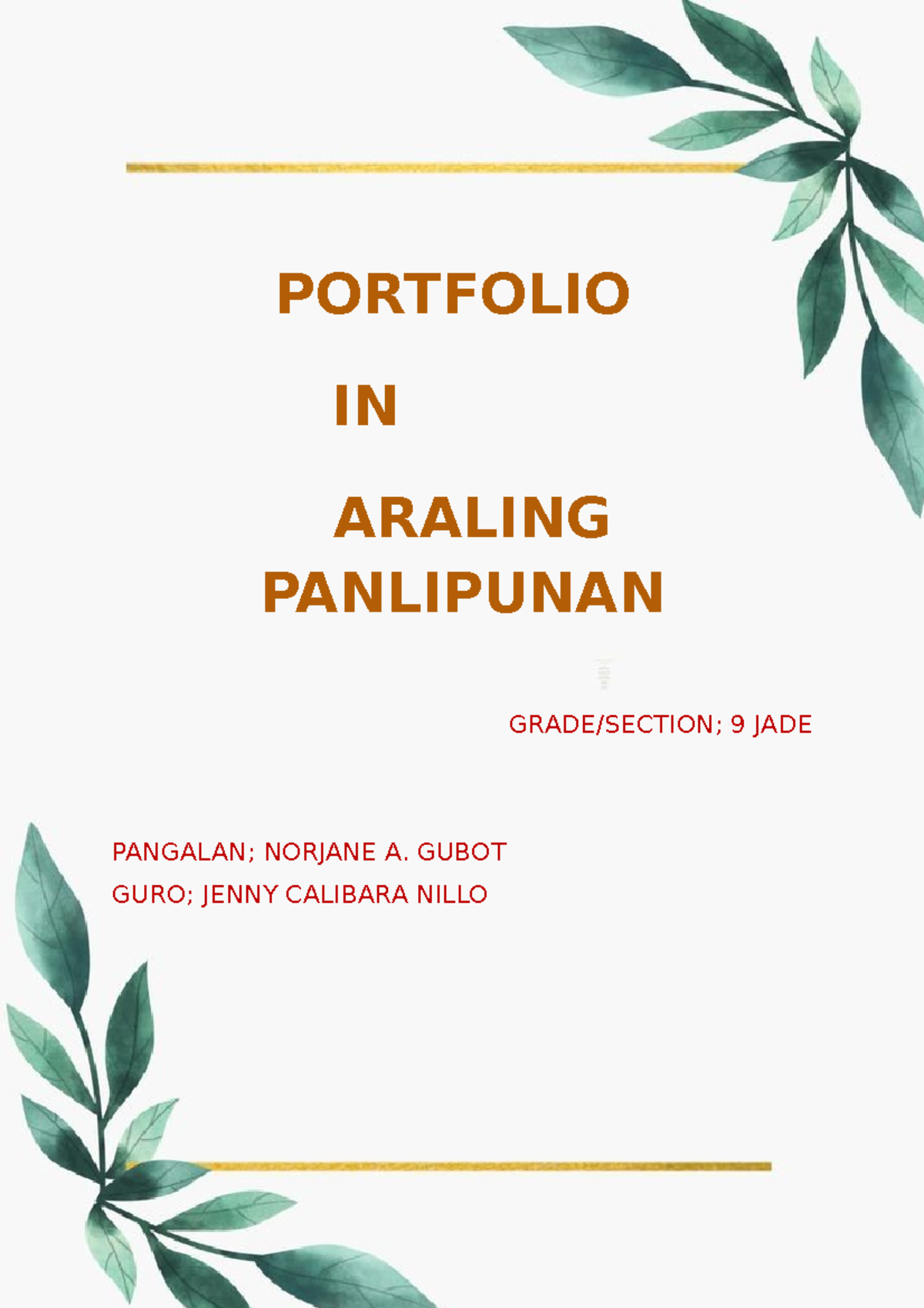 Portfolio AP - Araling Panlipunan 9 Jade: Cover Page Notes - Studocu