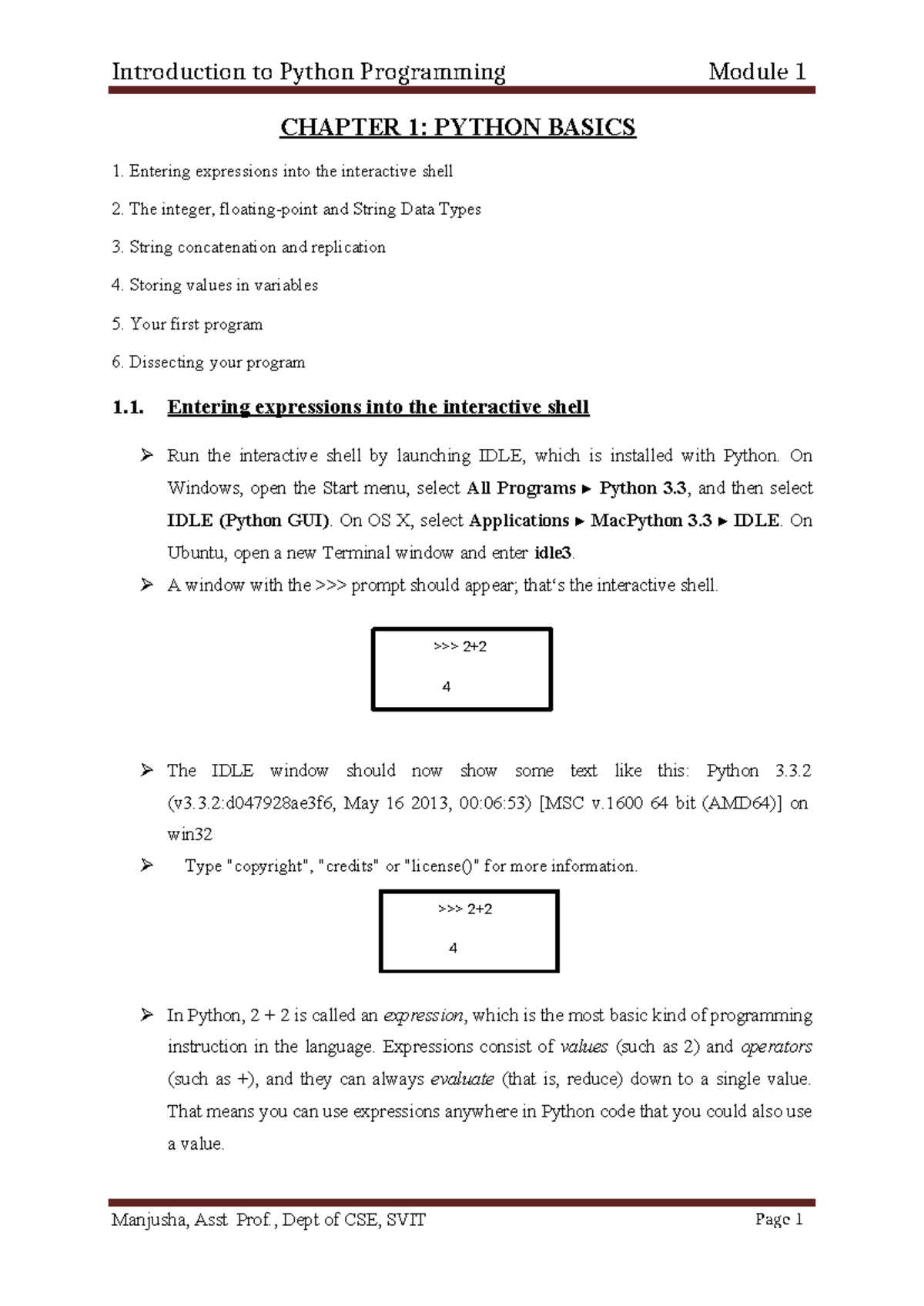 Introduction to Python Programming (BPLCK105B) - Chapter 1 Basics - Studocu
