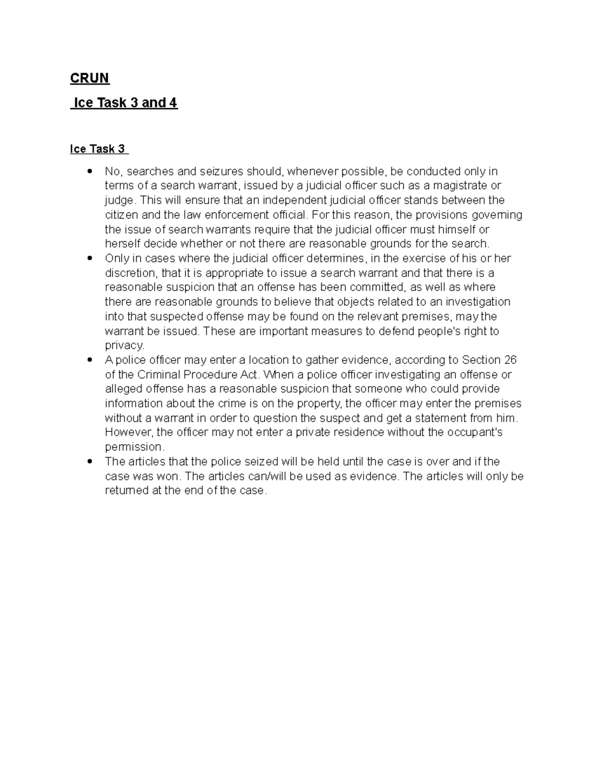 CRUN7112 Ice Task 3 & 4: Search Warrants and Privacy Rights - Studocu