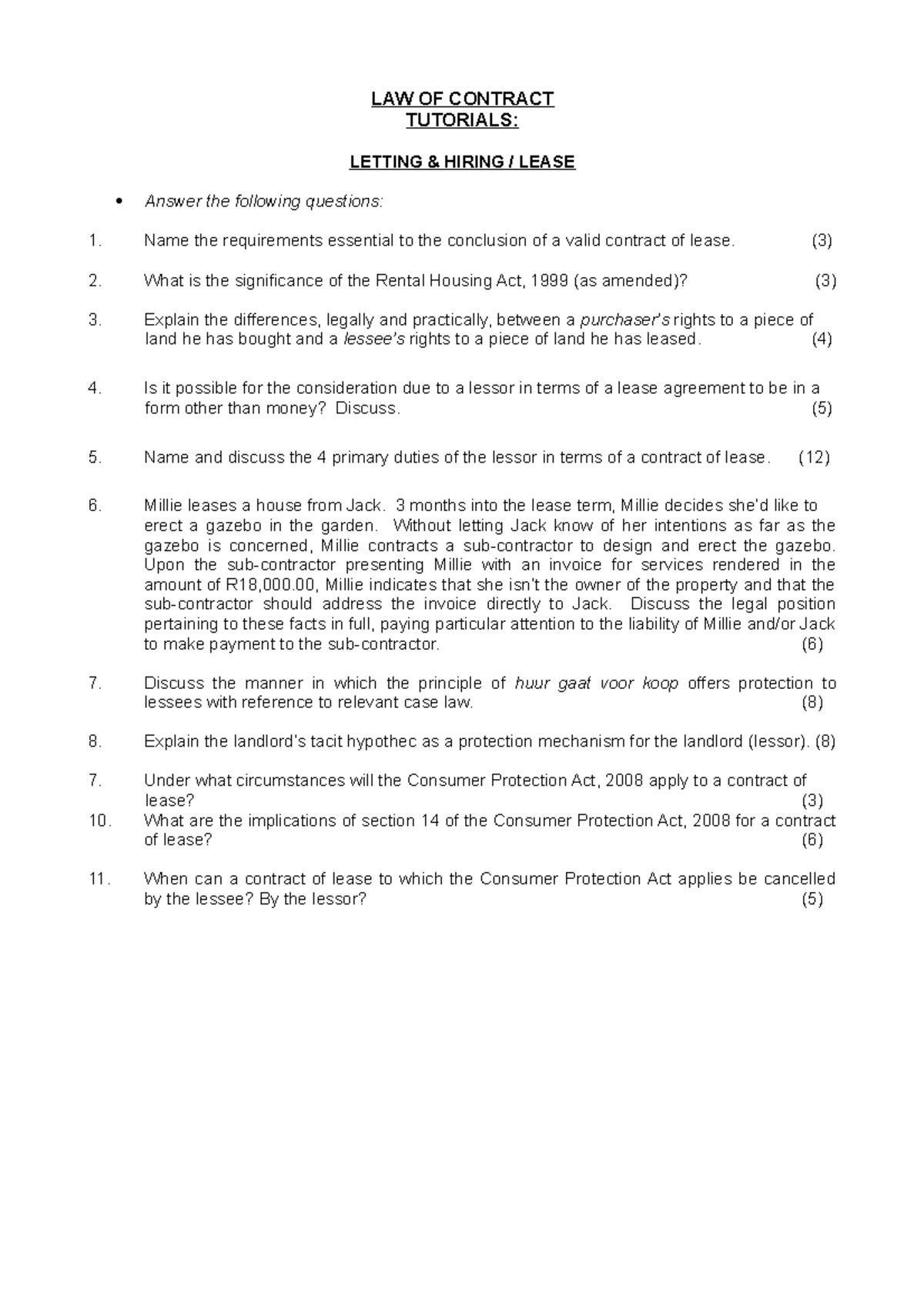 LAW OF CONTRACT TUTORIAL: LETTING & HIRING QUESTIONS - Studocu