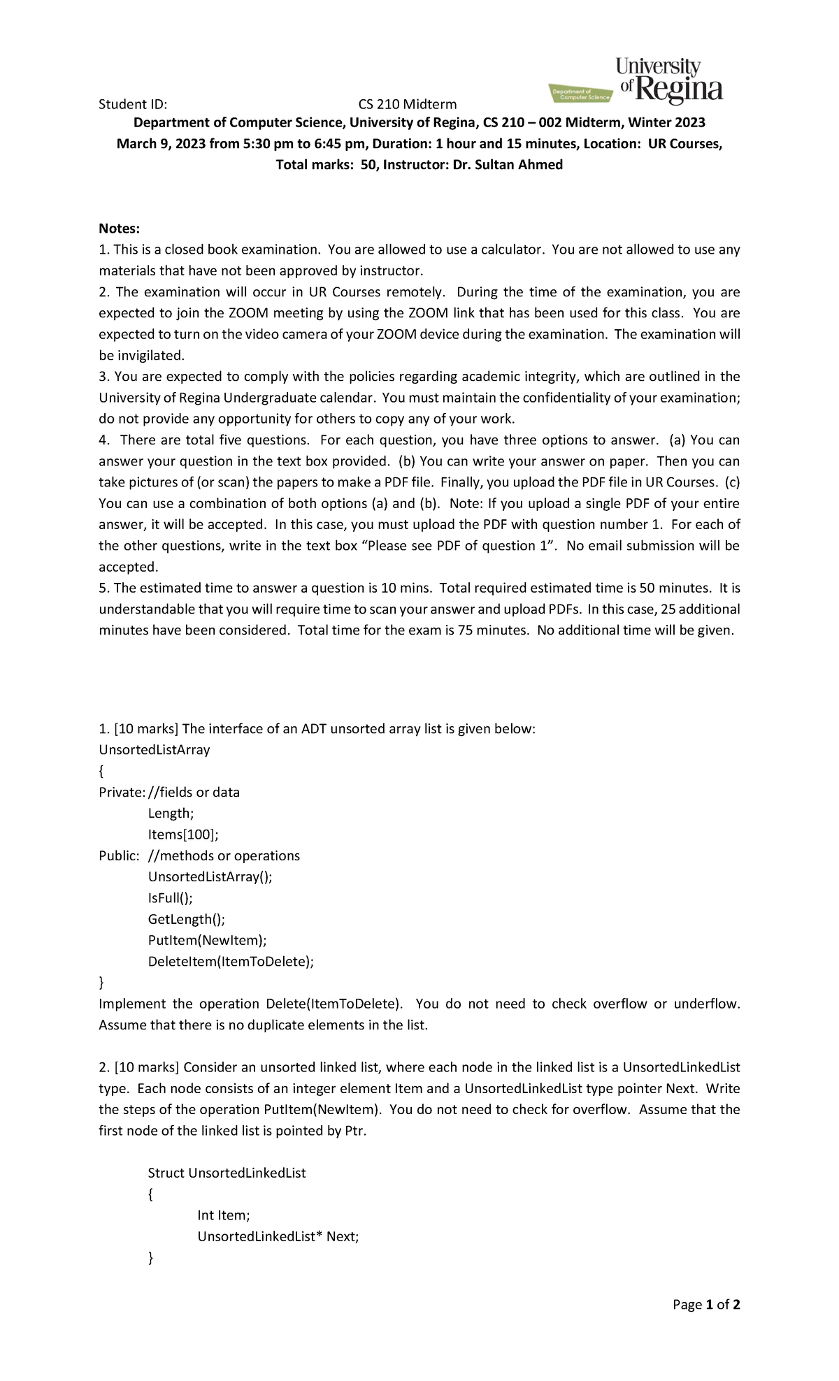 202310 CS 210 Midterm - Student ID: CS 210 Midterm Page 1 of 2 Department of Computer Science ...
