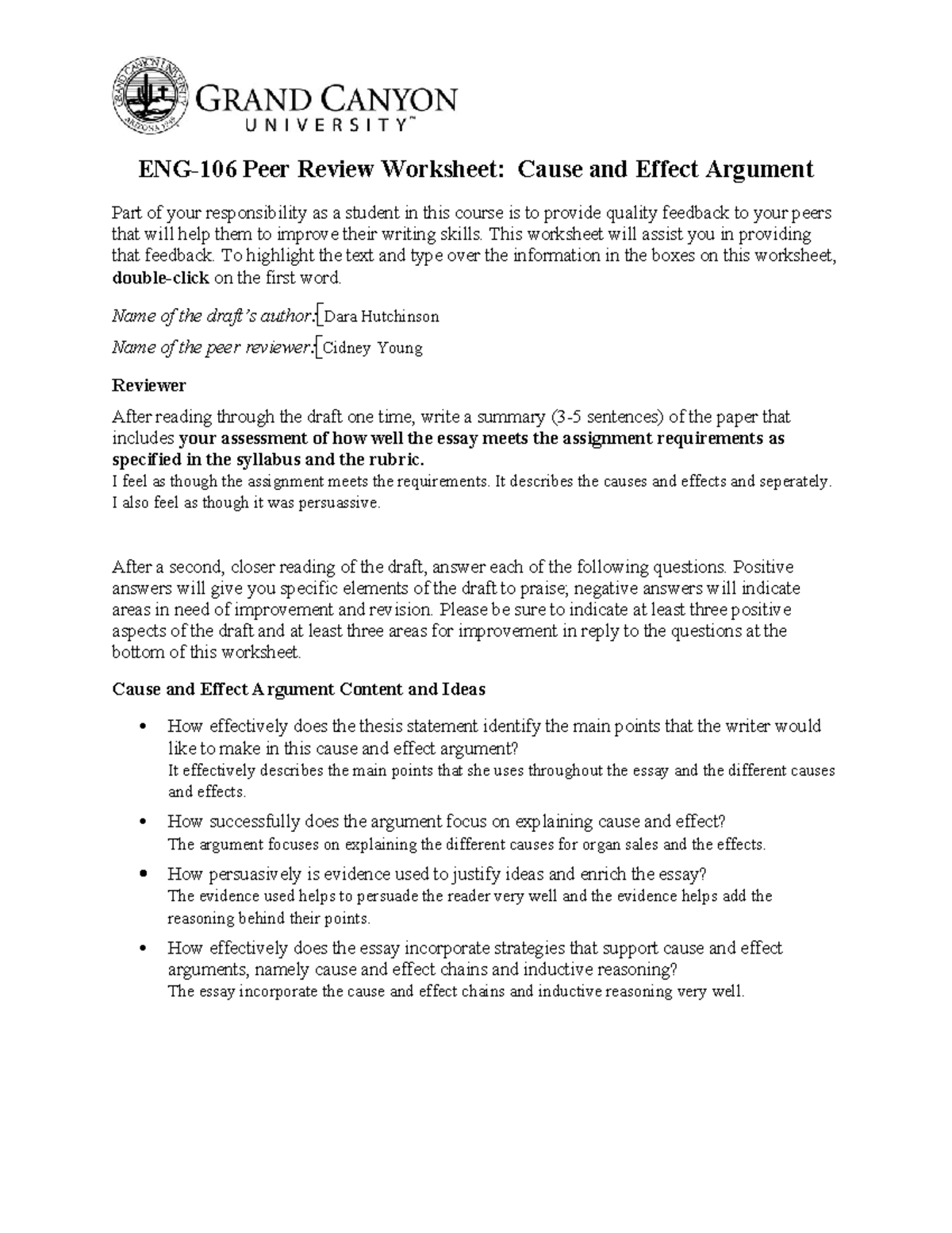 Peer Review Worksheet: Cause and Effect Argument (ENG 101) - Studocu