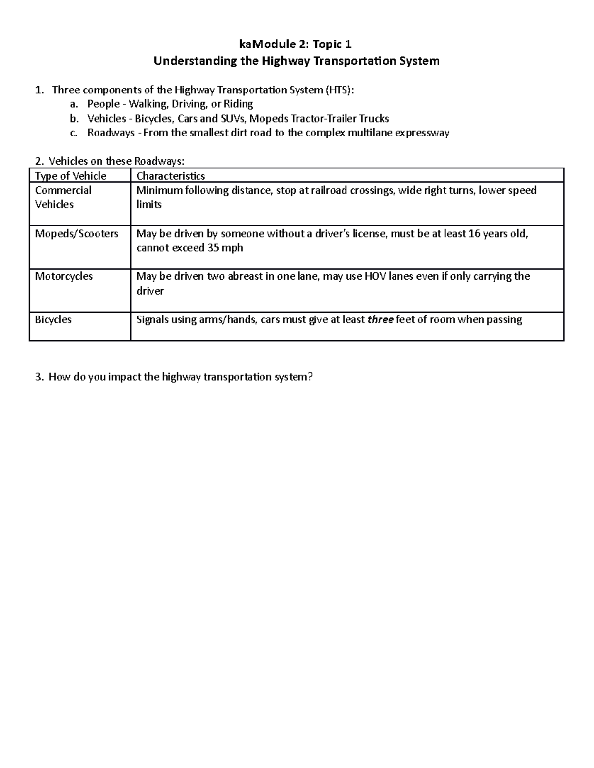 Module 2 Teacher Answers: Highway Transportation System & Vehicle ...