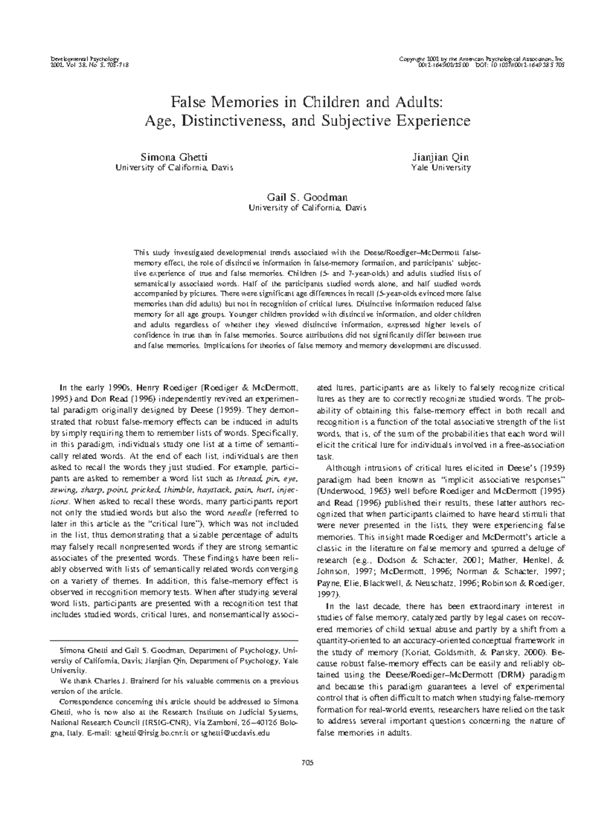 False Memories in Children and Adults: A Developmental Study (PSY 2002 ...