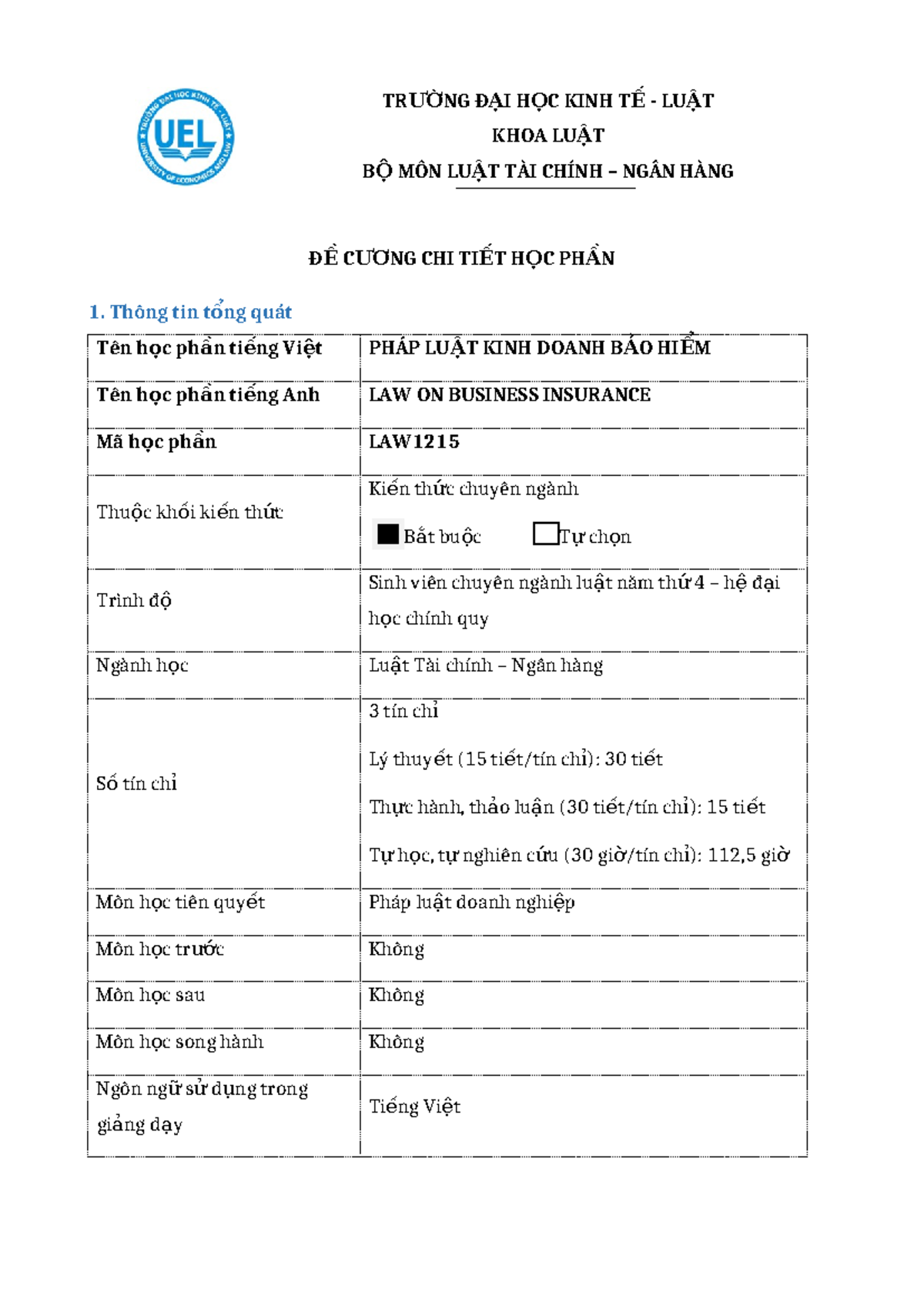Đề cương Kế hoạch giảng dạy PL KDBH 3TC - TR ƯỜNG Đ ẠI H ỌC KINH T Ế ...
