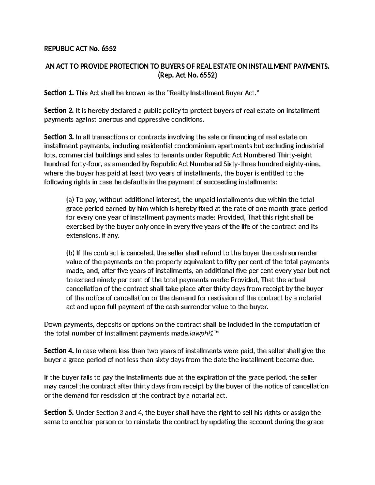 Maceda Law - Republic Act No. 6552: Overview and Buyer Protections - Studocu