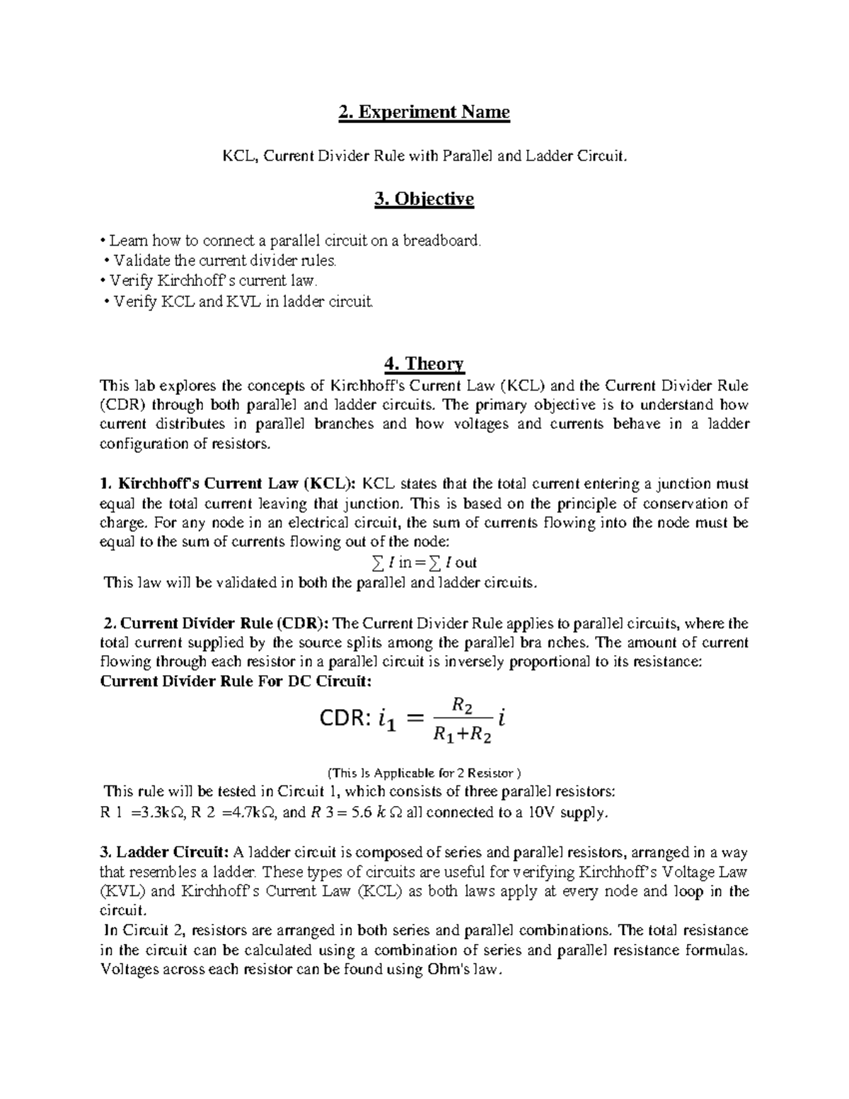 EEE141 Lab 2: Exploring KCL and Current Divider Rule in Circuits - Studocu