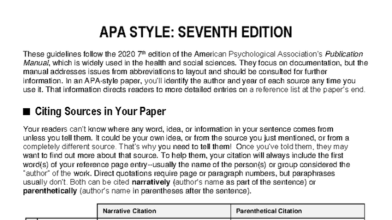 APA Style Reference Guide - 7th Edition - Studocu