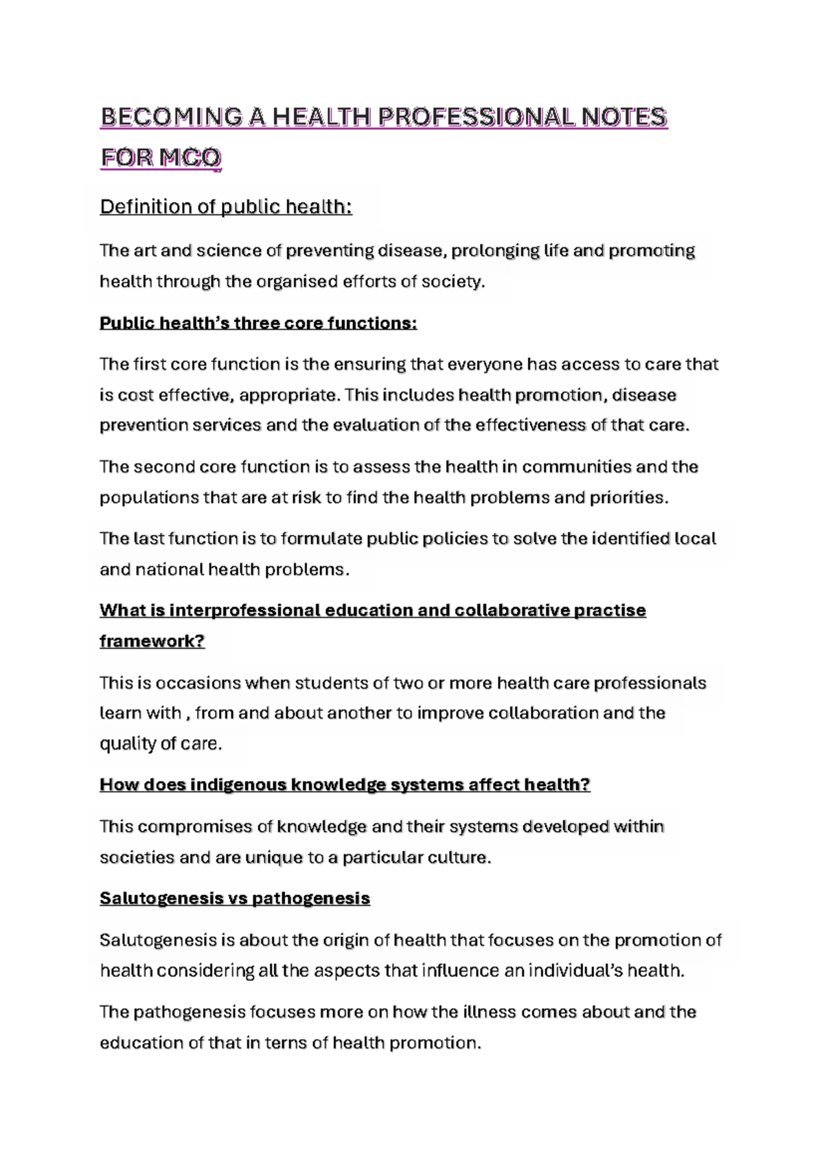 BECOMING A HEALTH PROFESSIONAL: MCQ REVISION NOTES - Studocu