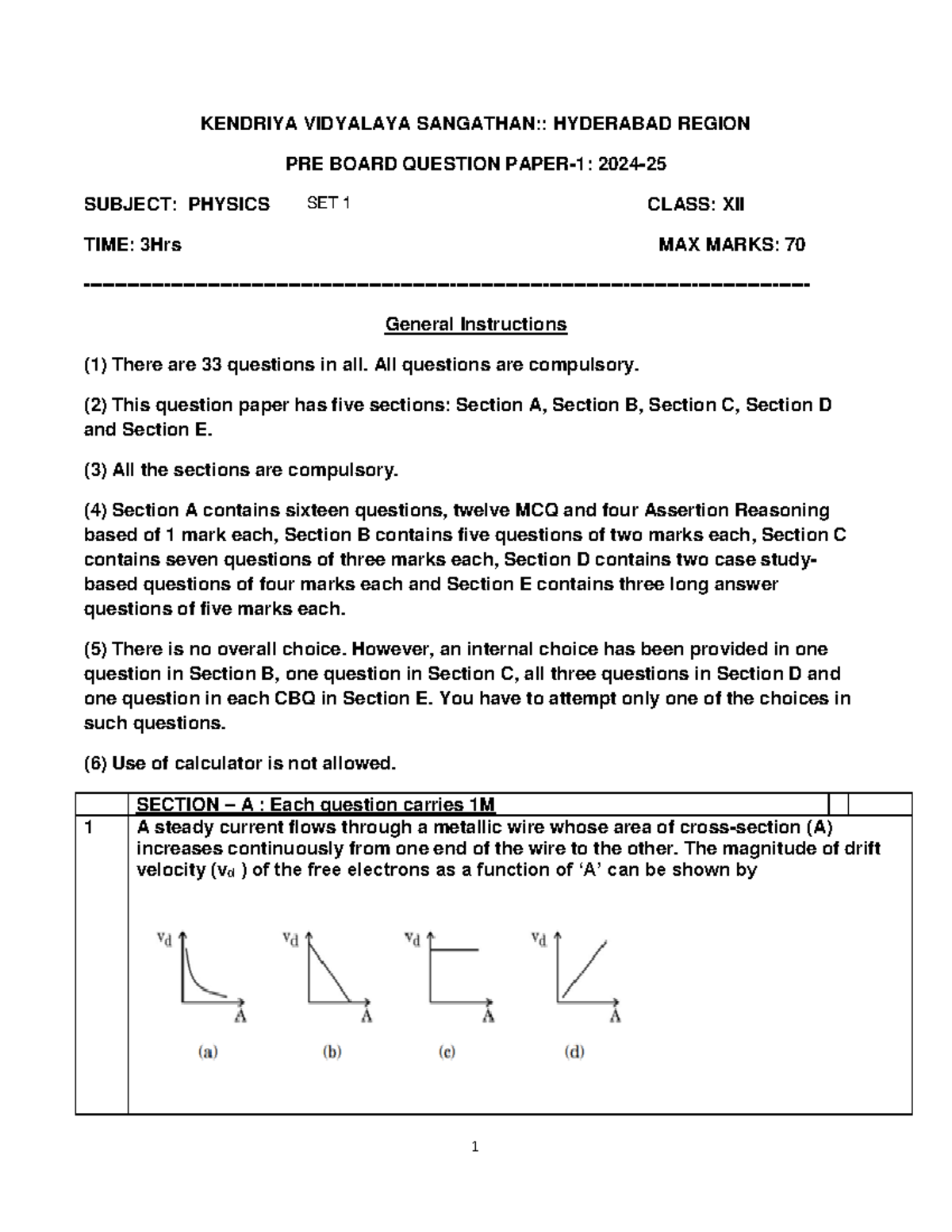 Class XII PB1 Physics QP SET 1 - KENDRIYA VIDYALAYA SANGATHAN:: HYDERABAD REGION PRE BOARD ...