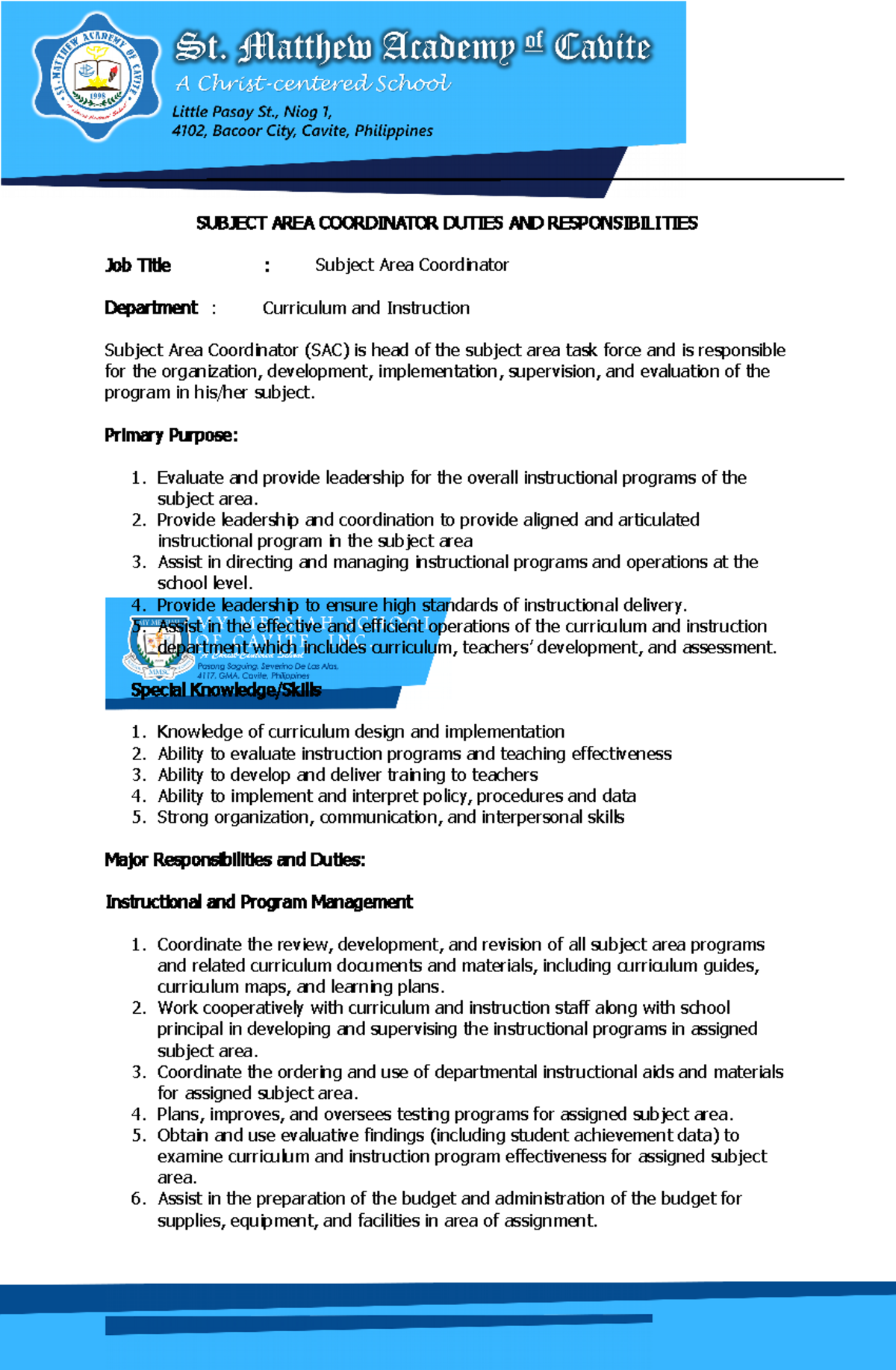 Subject Area Coordinator Duties and Responsibilities Overview - Studocu