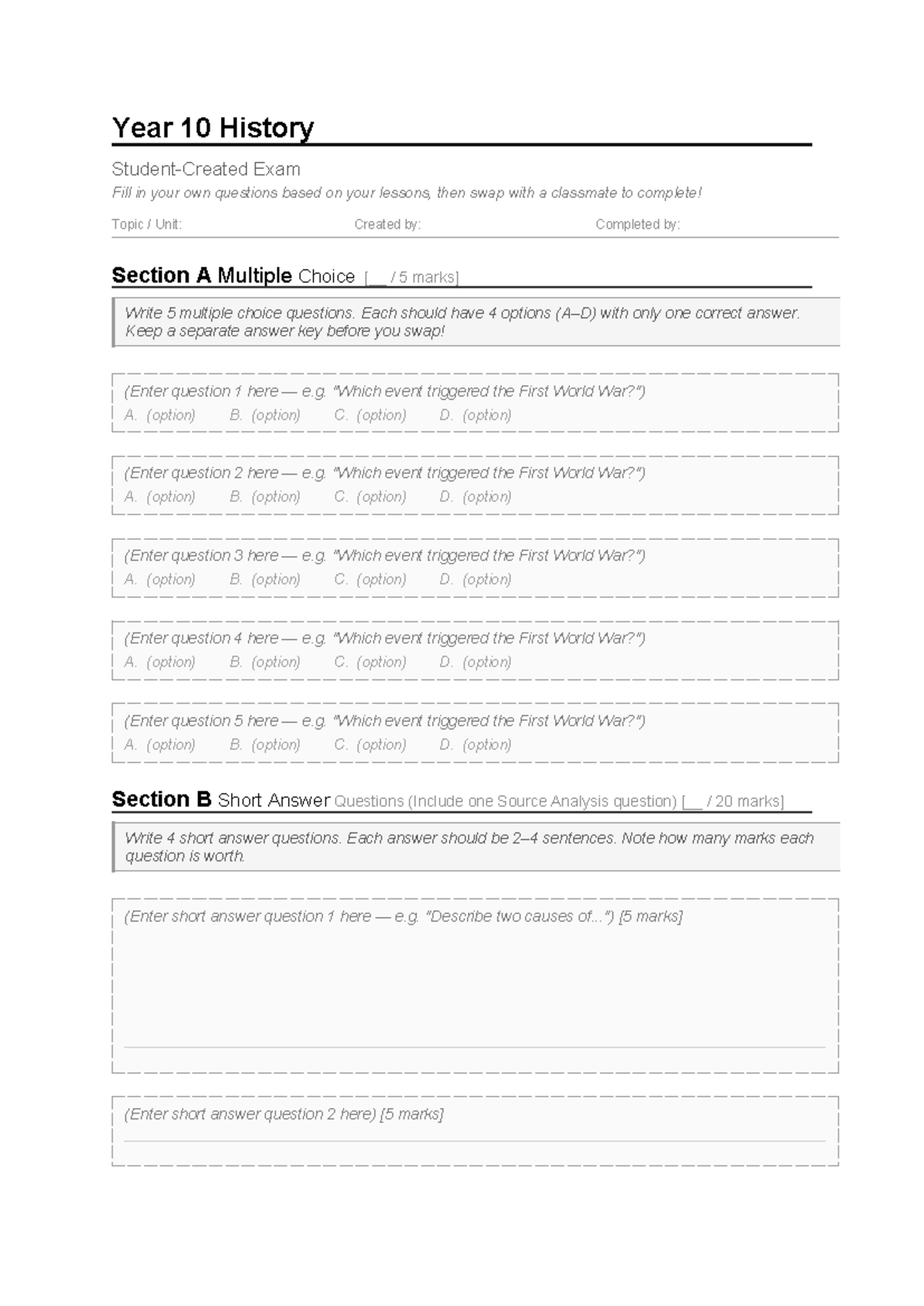 Year 10 History Exam Practice Template for Questions and Answers - Studocu