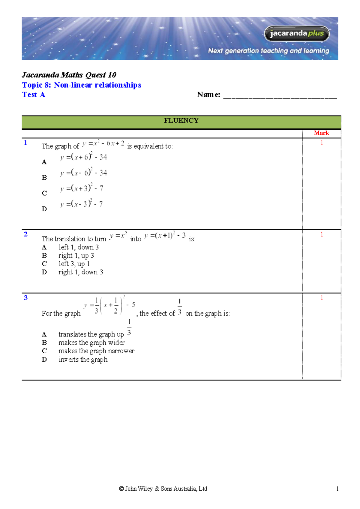 Non-Linear Relationships Topic Test A (Maths Quest 10) - Studocu