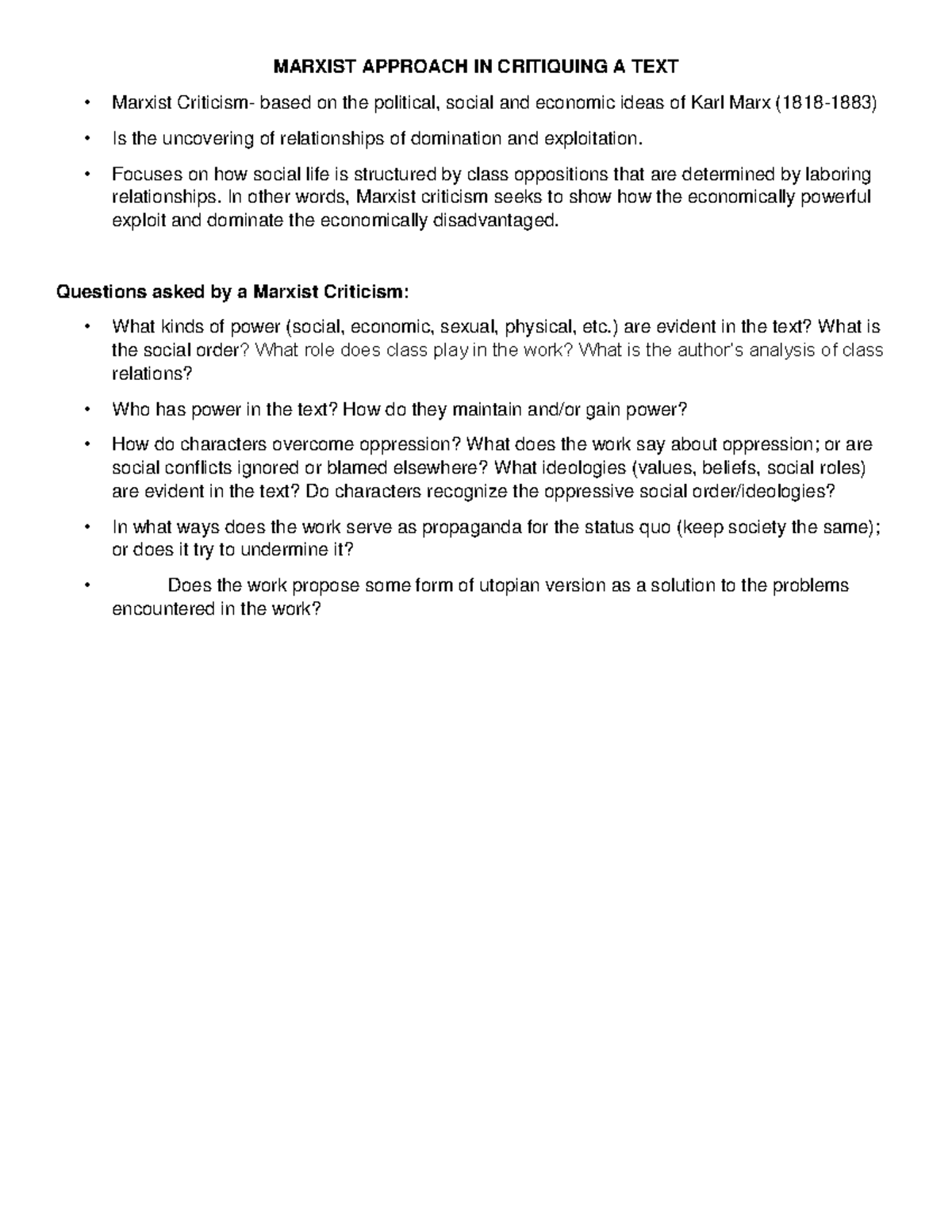 MARXIST CRITICISM NOTES: UNPACKING CLASS OPPOSITIONS - Studocu