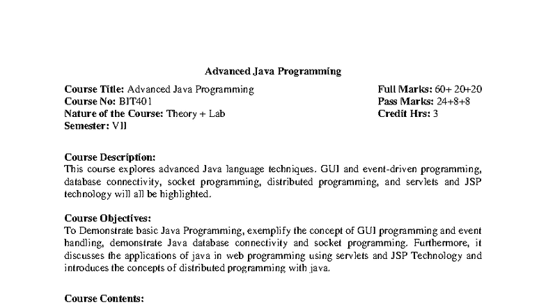 Advanced Java Programming Syllabus - BIT401 (7th Semester) - Studocu