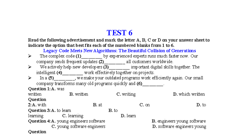 TEST 6: Reading Comprehension Practice for English Language Learners ...