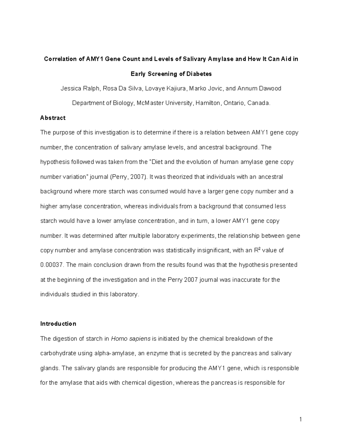 Correlation of AMY1 Gene Count and Salivary Amylase Levels in Bio Lab ...