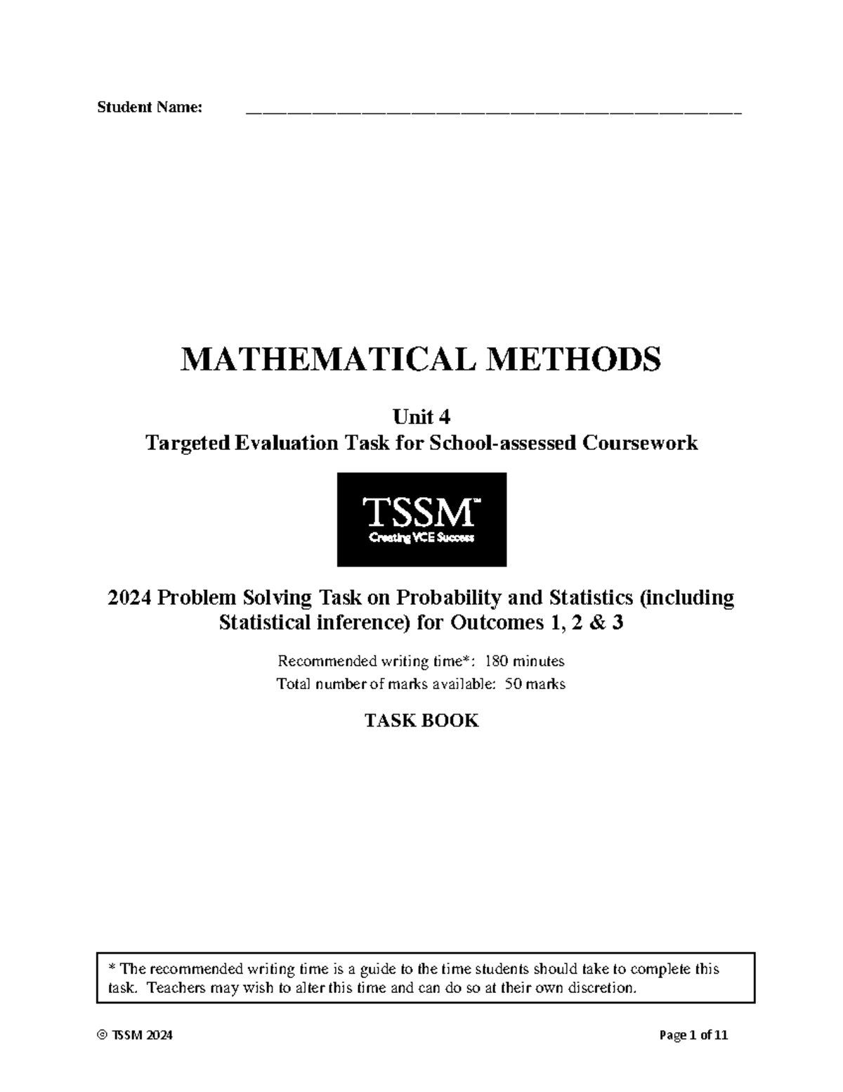 Mathematical Methods (TSSM 2024) Unit 4 Probability & Statistics Task ...
