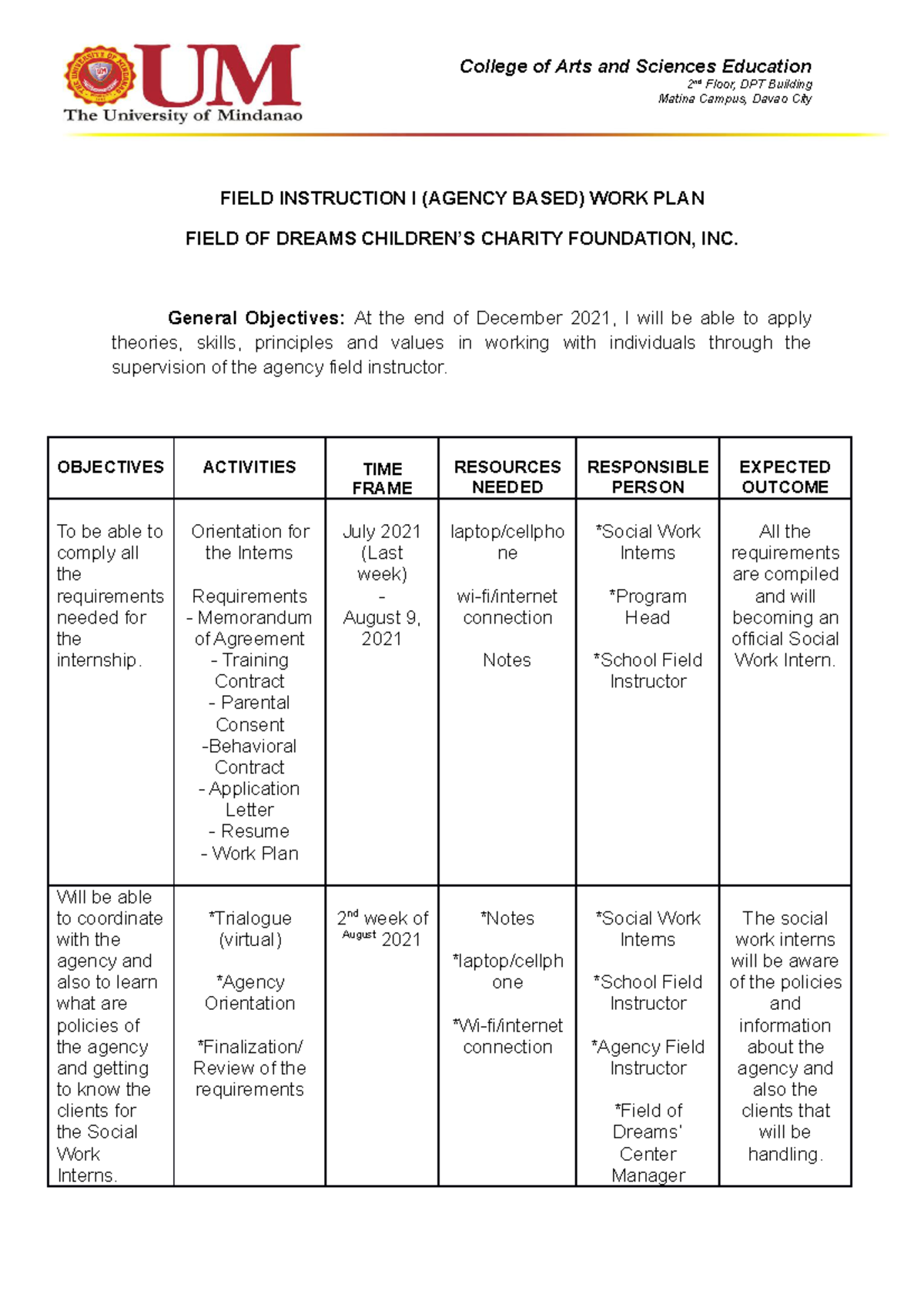 Field Instruction I Work Plan for Social Work Interns (SW 101) - Studocu