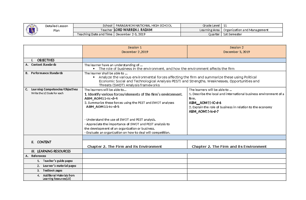 ABM 11 Lesson Plan: Analyzing Business Environment with SWOT & PEST ...