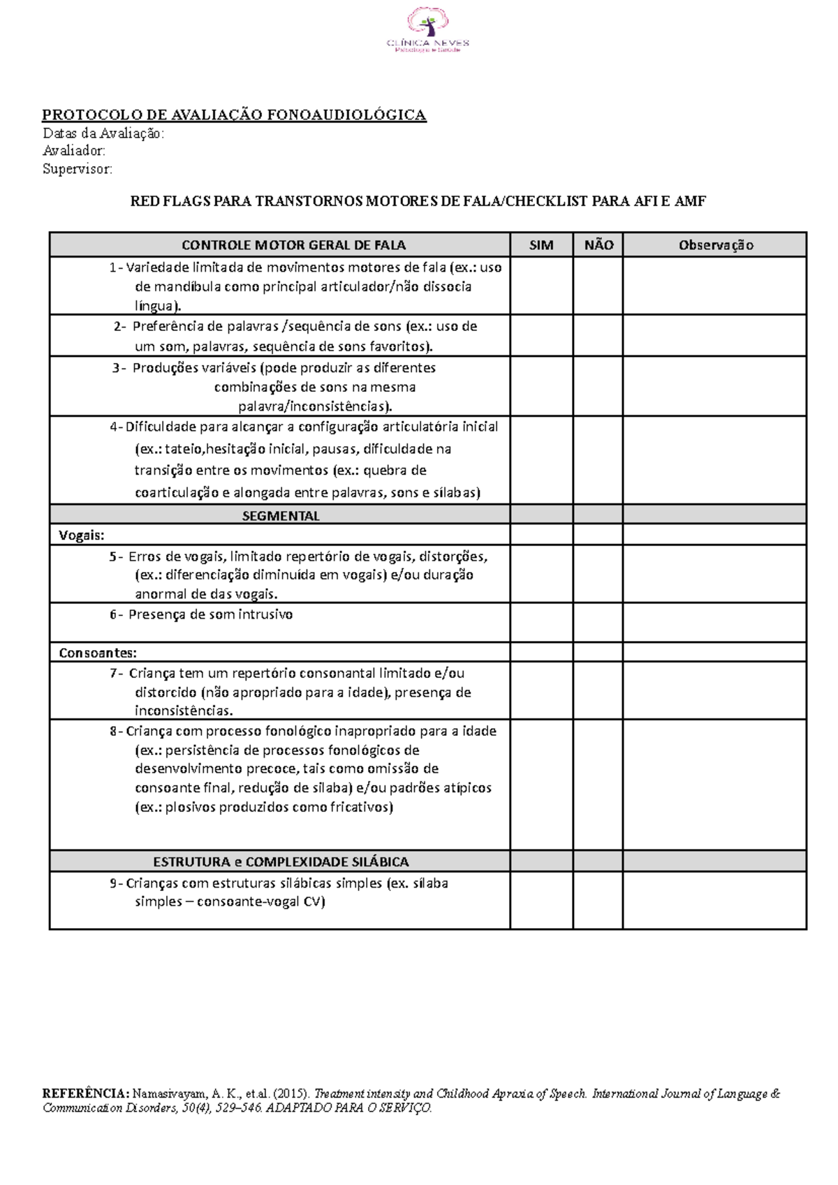 Red Flags para Transtornos Motores de Fala - Checklist para Afi e Amf - Studocu