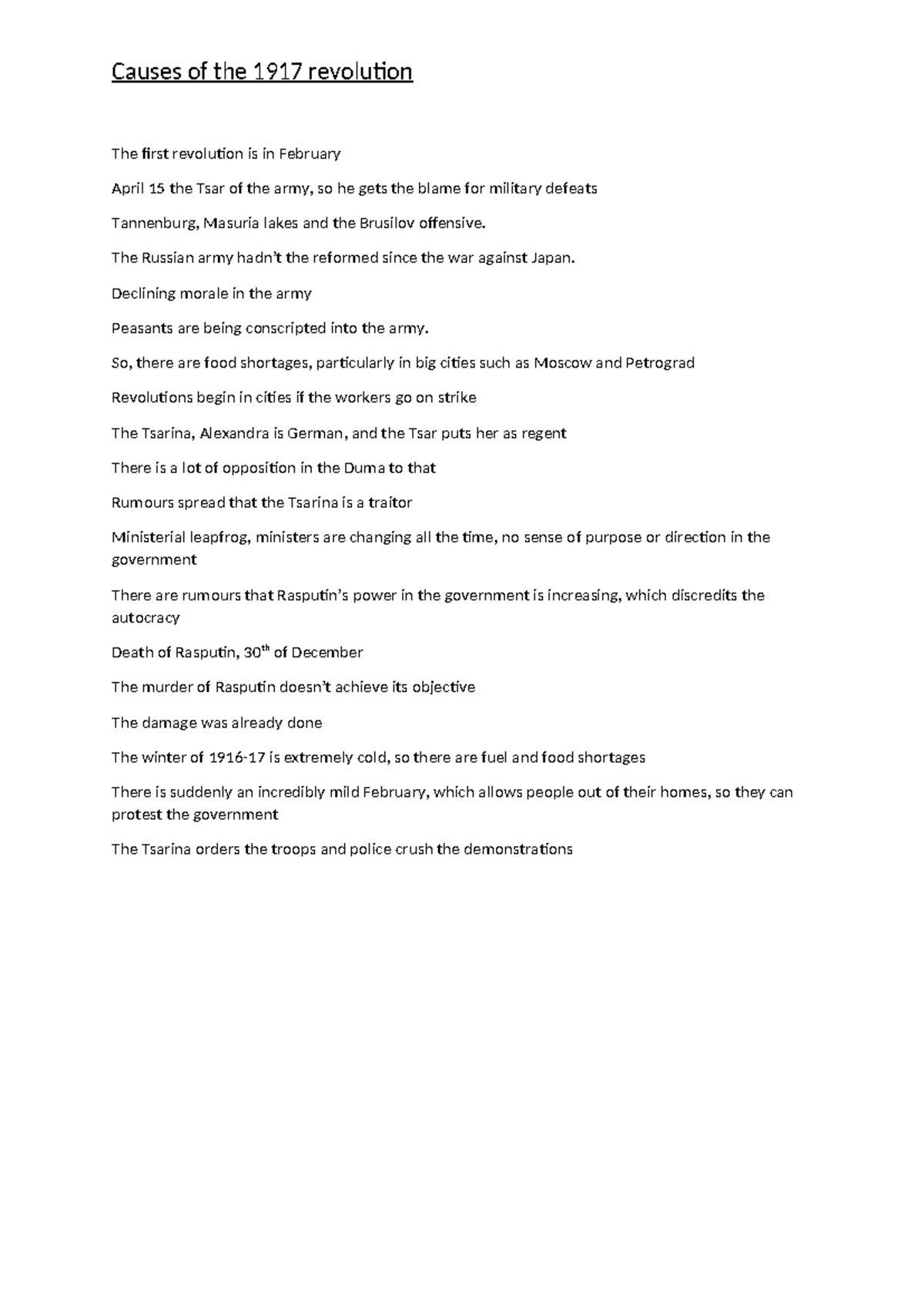 Causes of the 1917 Revolution: Key Factors and Events - Studocu